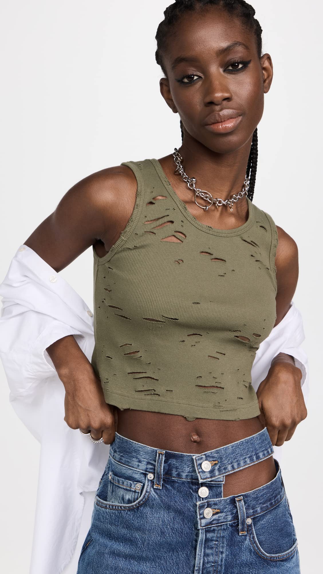 R13 Women's Distressed Tank, Olive, XS