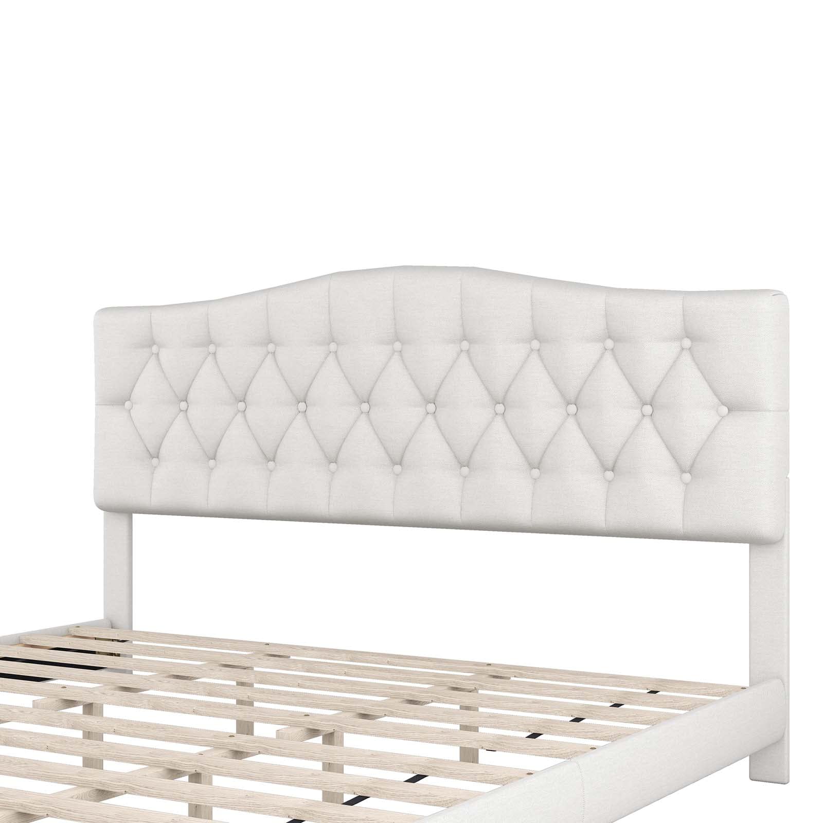 King Size Upholstered Platform Bed Frame with Saddle Curved Headboard and Diamond Tufted Details, Wooden Slats Support, No Box Spring Needed for Boys Girls Teens Adults, Under Bed Storage (King)
