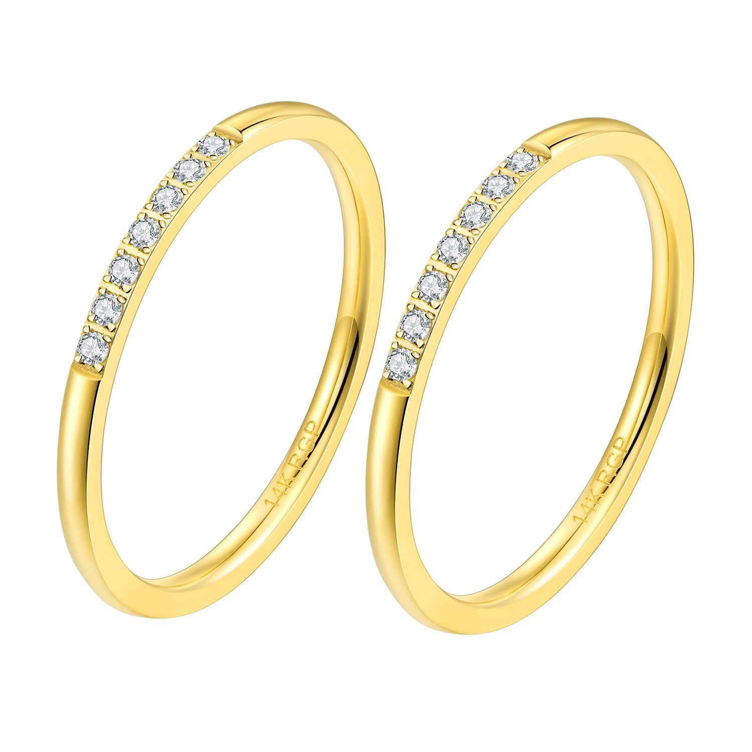 NOKMIT 1.5mm 2Pcs 14K Gold Half Eternity Ring for Women Thin Cubic Zirconia Stacking Engagement Bands Comfort Fit Size 5-10 (Gold-7CZ, 9)