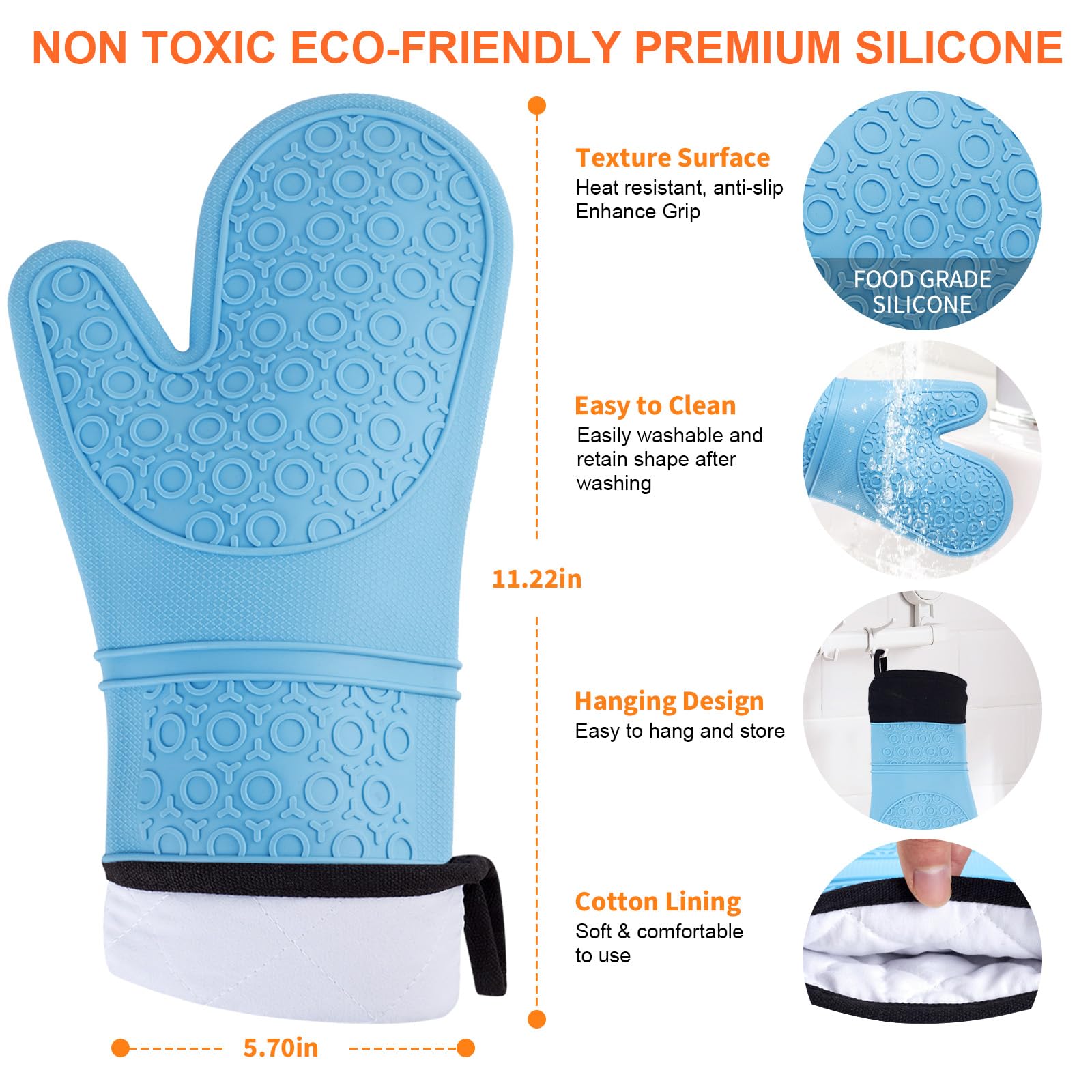 Obsoorth Heat Resistant Silicone Oven Mitts Waterproof Flexible Handle Hot Food Washable Blue Extra Long Anti-Slip Kitchen Glove for Baking Cooking BBQ, 1Pair
