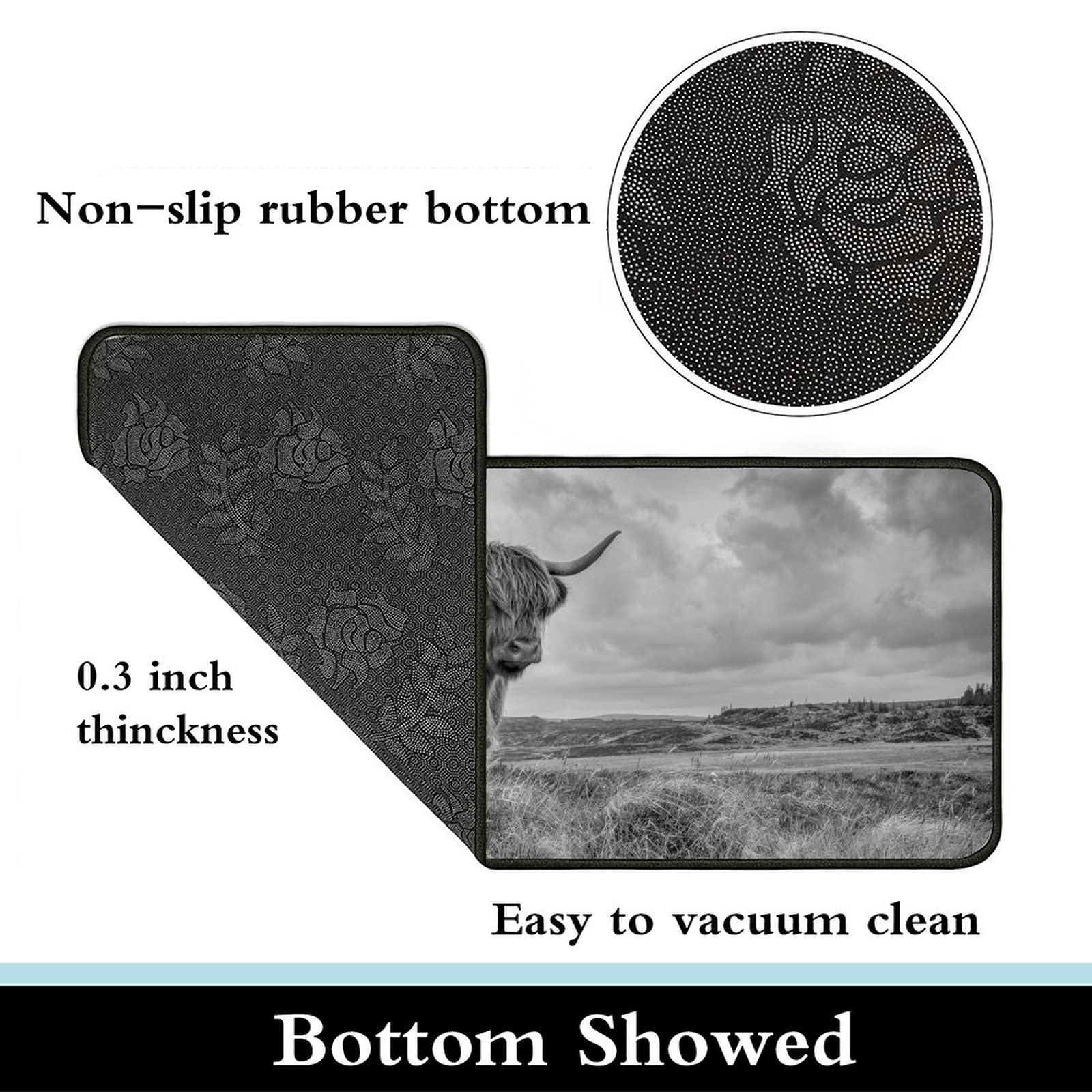MoBlinko Highland Cow Kitchen Rugs Scotland Cattle Non Skid Bath Mat 39x 20 Inch Washable Standing Floor Mat Runner Carpet for Bathroom Home Office Farmhouse Laundry