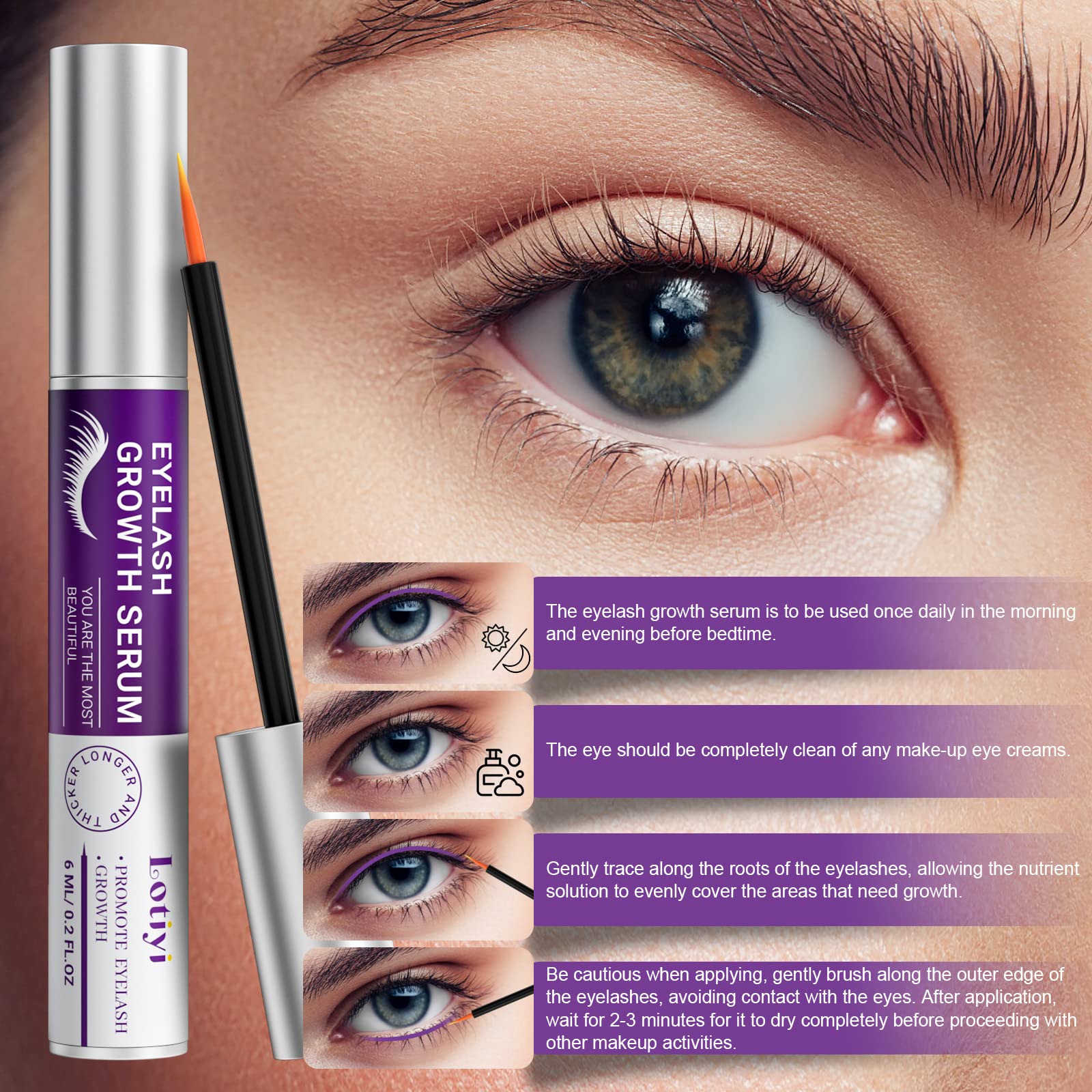 LOTIYI Lash Serum - 6ml Eyelash Growth Serum for Natural Lashes & Extensions & Eyebrows, Thicker, Fuller & Longer Looking Eyelashes Lash Enhancing Serum, Vegan & Cruelty-Free