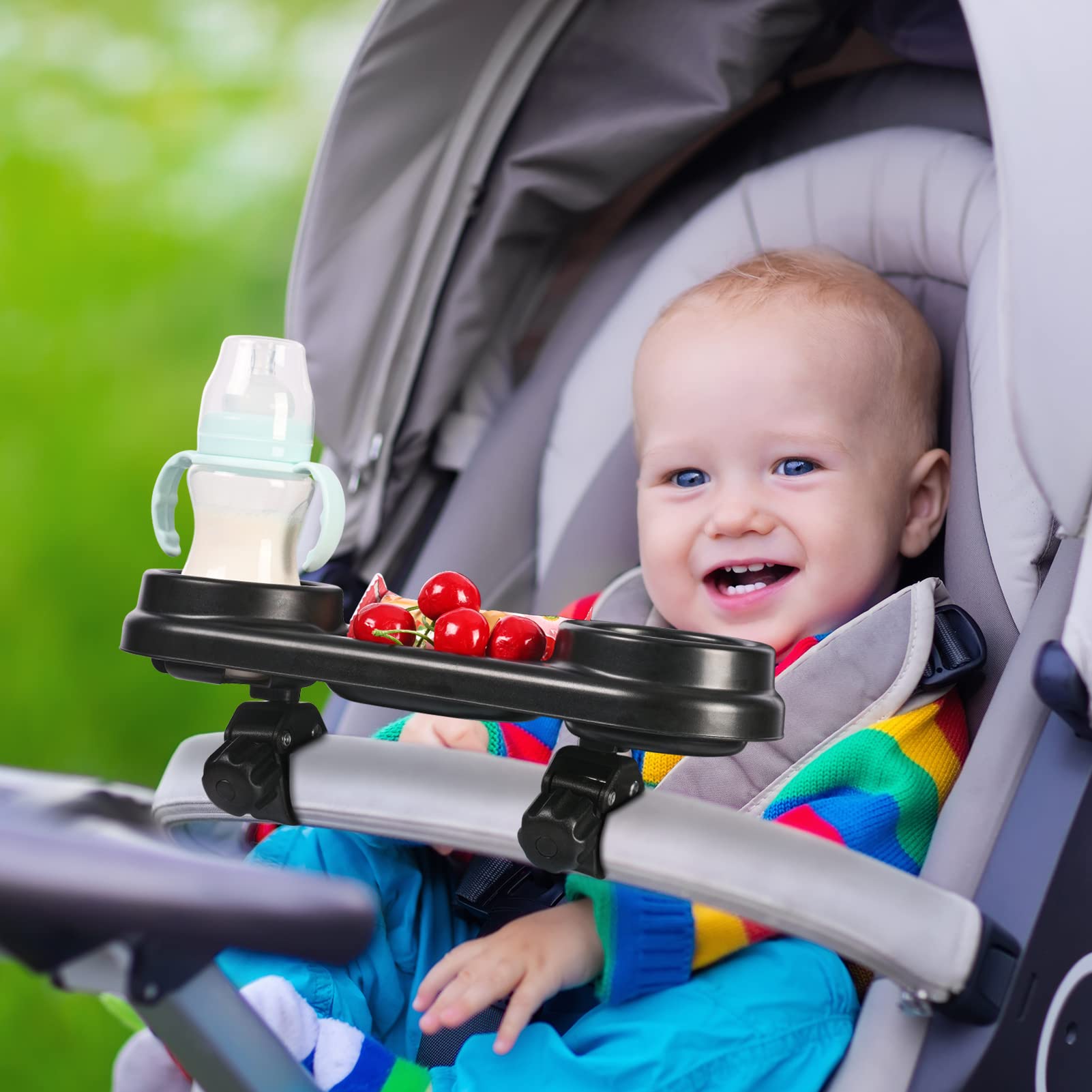 Stroller Child Snack Tray with Cup Holder,Child Snack Tray Multifunction Stroller Organizer,Non Slip Grip Clip Firmly Grip Stroller Bar,Universal Stroller Snack Attachment