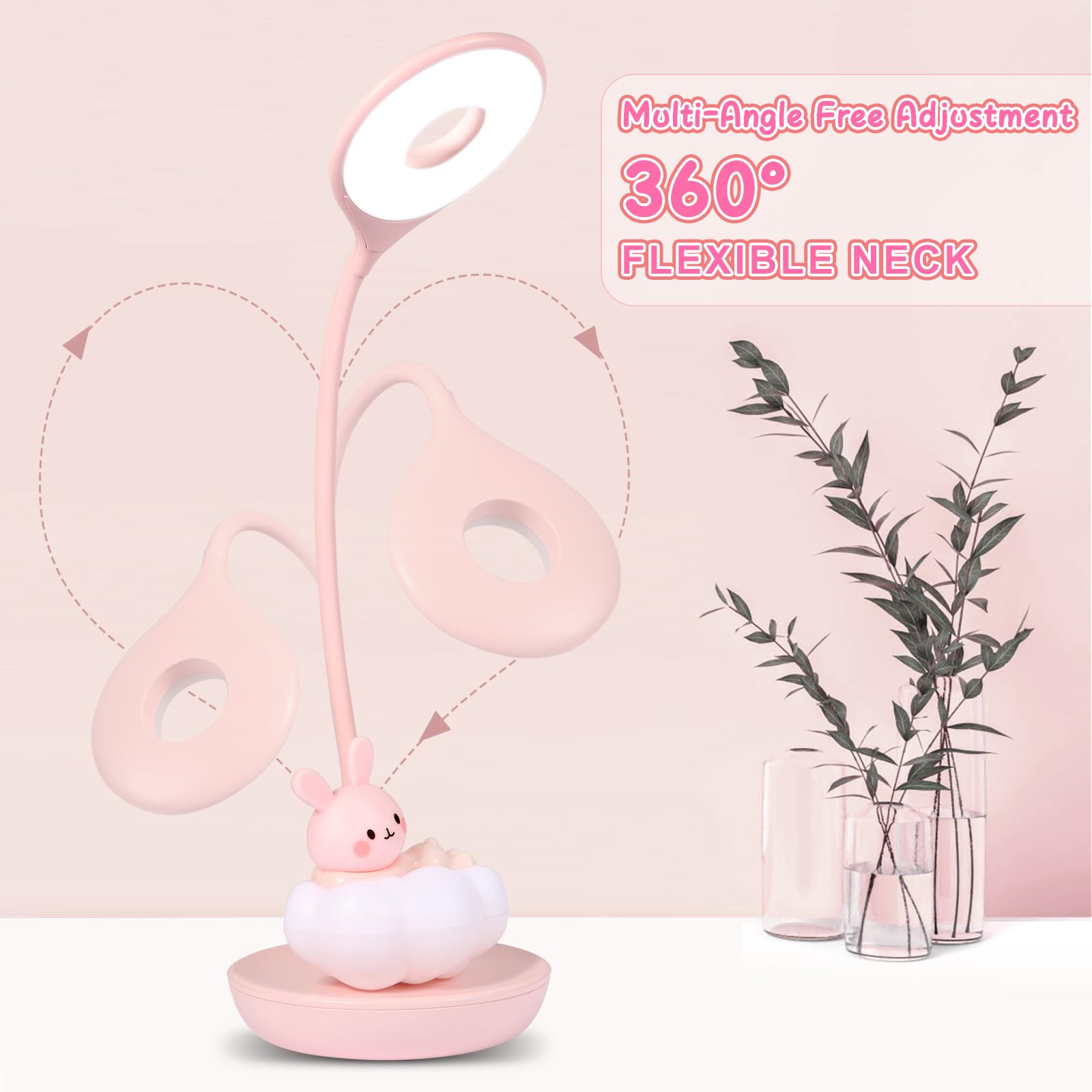 MARZIUS Cute Rabbit Design Dimmable Touch LED Reading Desk Lamp Night Light with 5 Levels Brightness for Boy,Girl Kid Teen (Pink Cloudy Bunny)