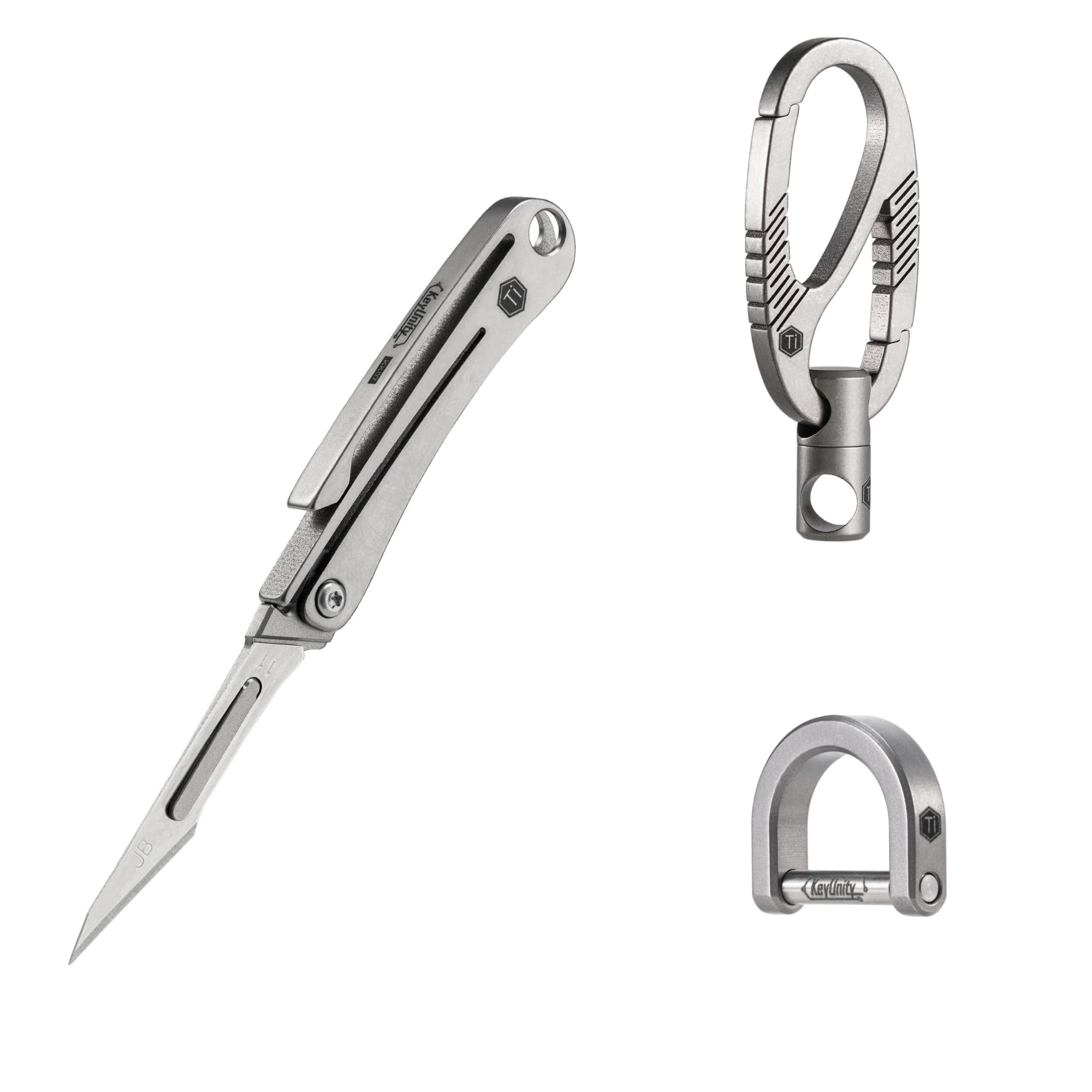 KeyUnity KK07 Mini Titanium Scalpel Knife, KM09 Dual-Gate Carabiner Keychain Clip & KA17 Titanium D Ring Bundle