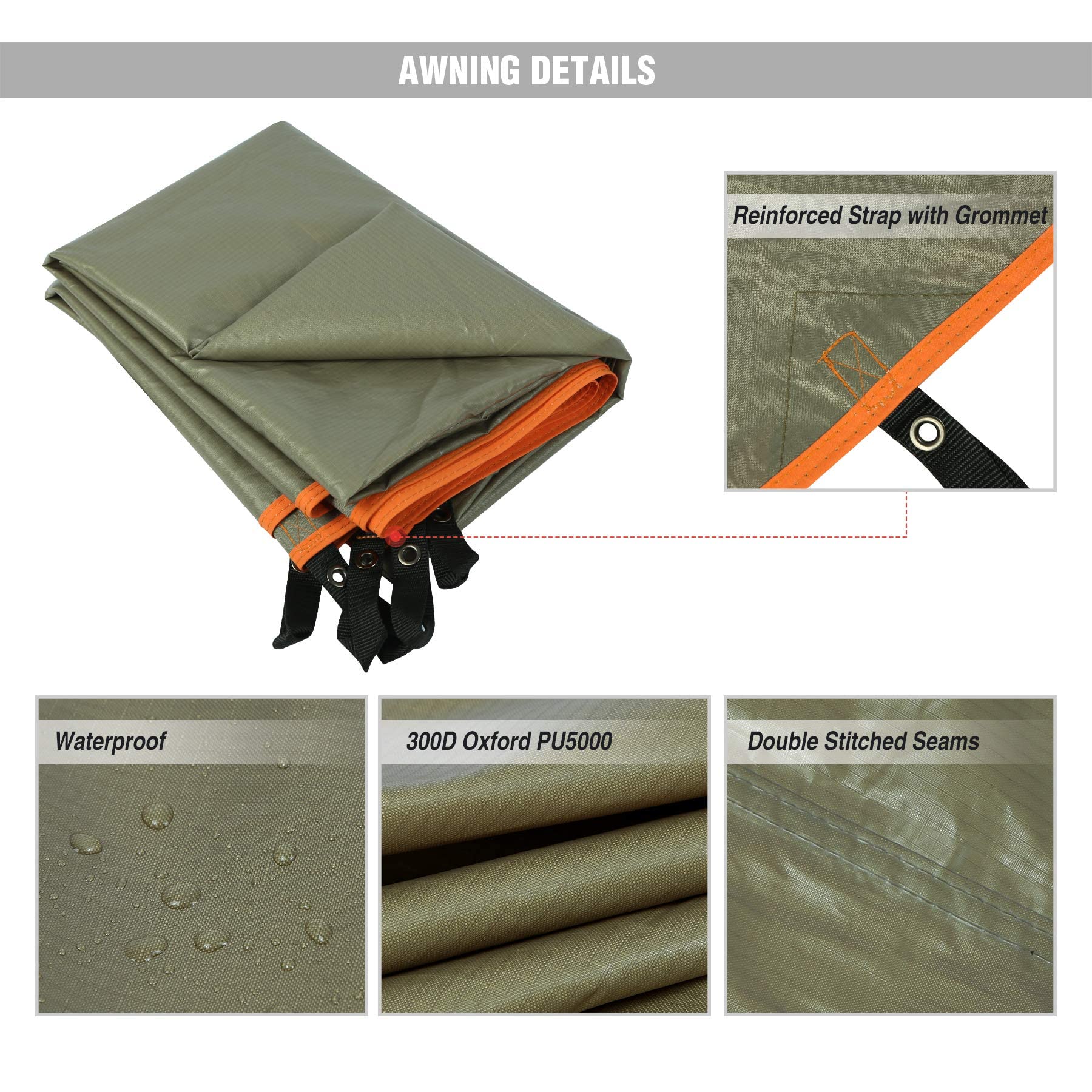 REDCAMP Waterproof Car Side Awning Sun Shelter, Portable Auto Canopy Camper Sun Shade with Adjustable Tarp Poles and Suction Cup for Camping, Picnic