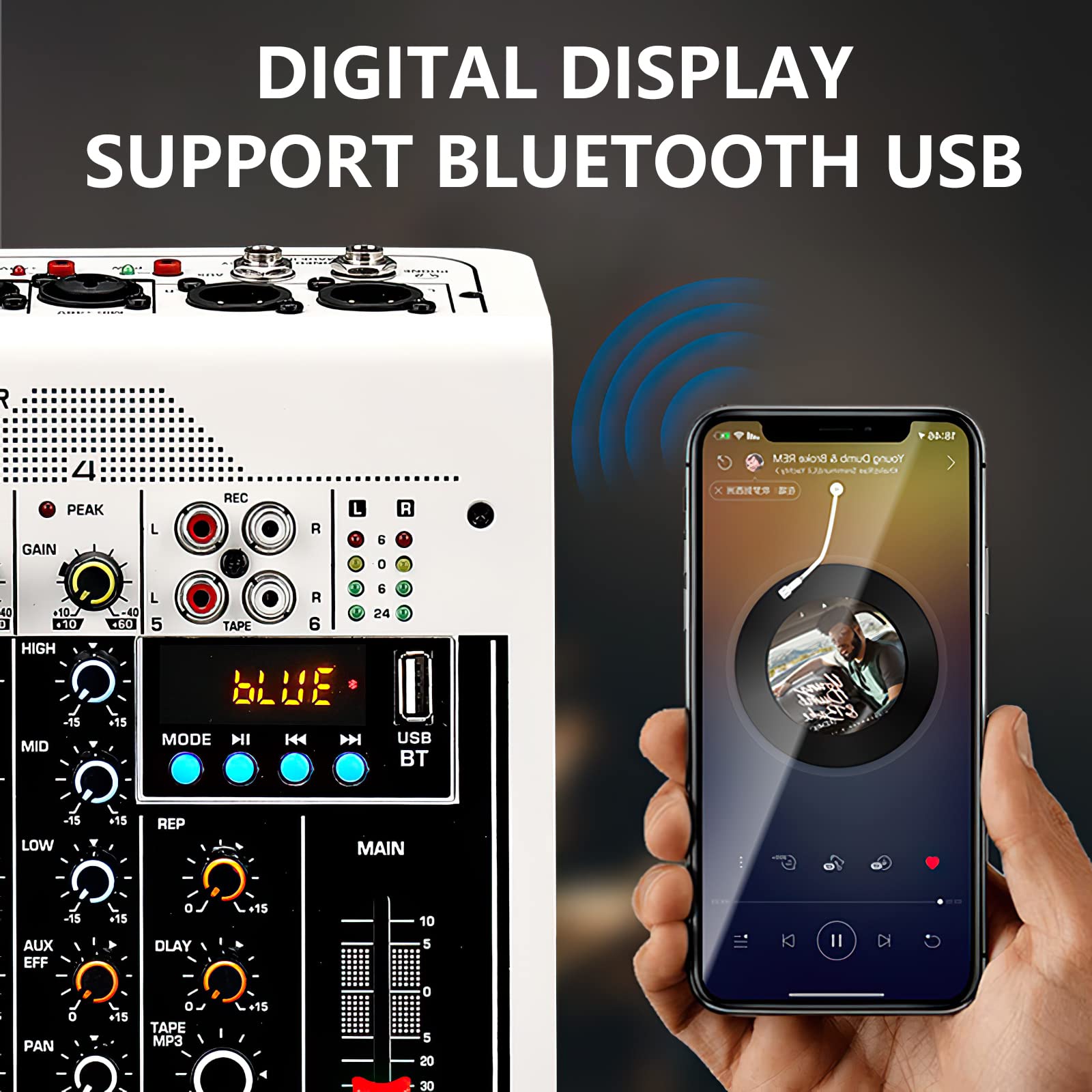 Mixers Audio 4 Channel Mixer, Dj Mixer Board Mixer Audio Bluetooth MP3 Mini Mixer for Music With 48V Phantom Power Stereo FX Analog Digital Effects, Usb Audio Mixer for Karaoke Speakers