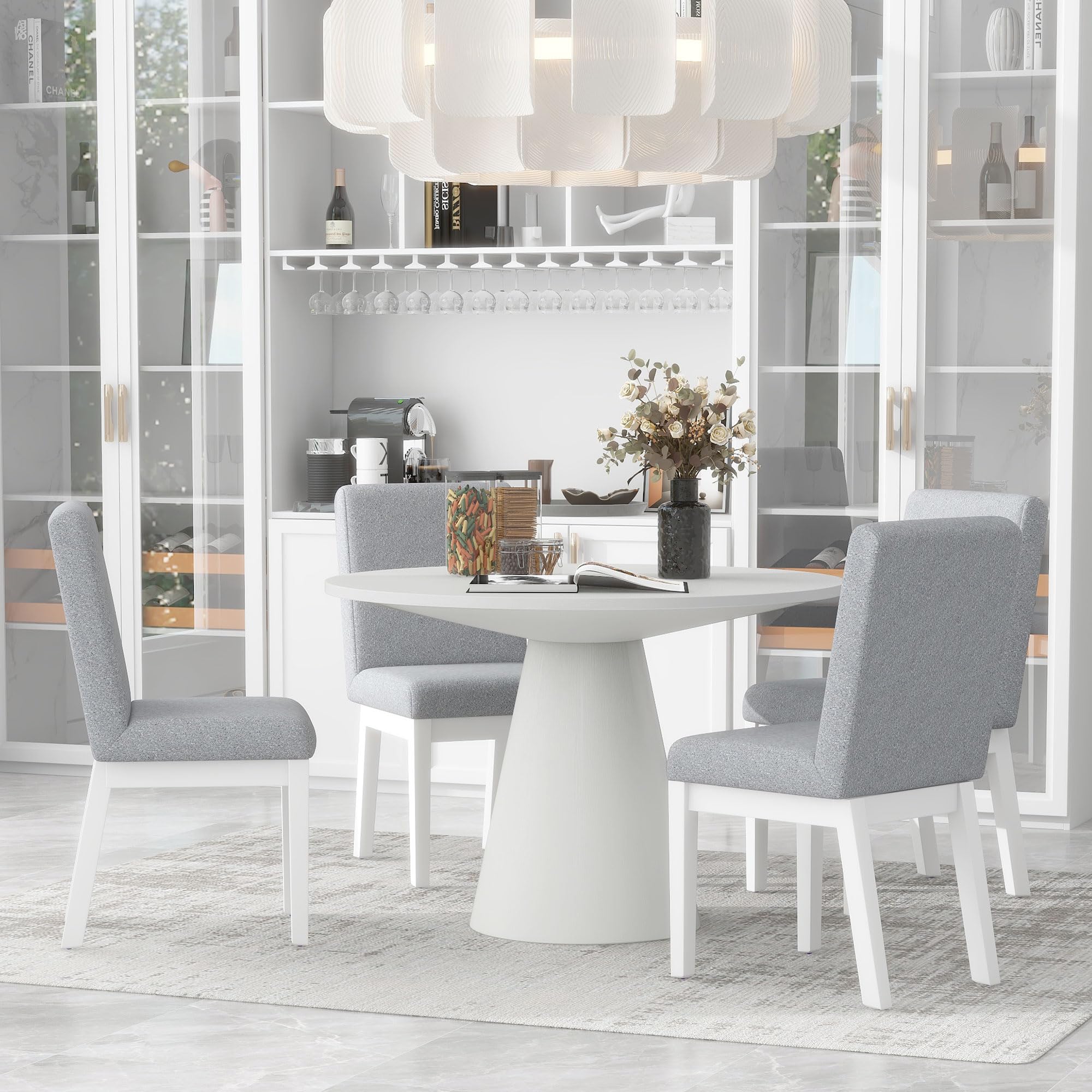 kevinplus 46.5'' Round Wood Dining Table for Living Room Dining Room Kitchen, Modern Circle Dining Kitchen Table for 4-6, Contemporary Living Room Dining Room Table Furniture (φ46.5"x30.2", White)