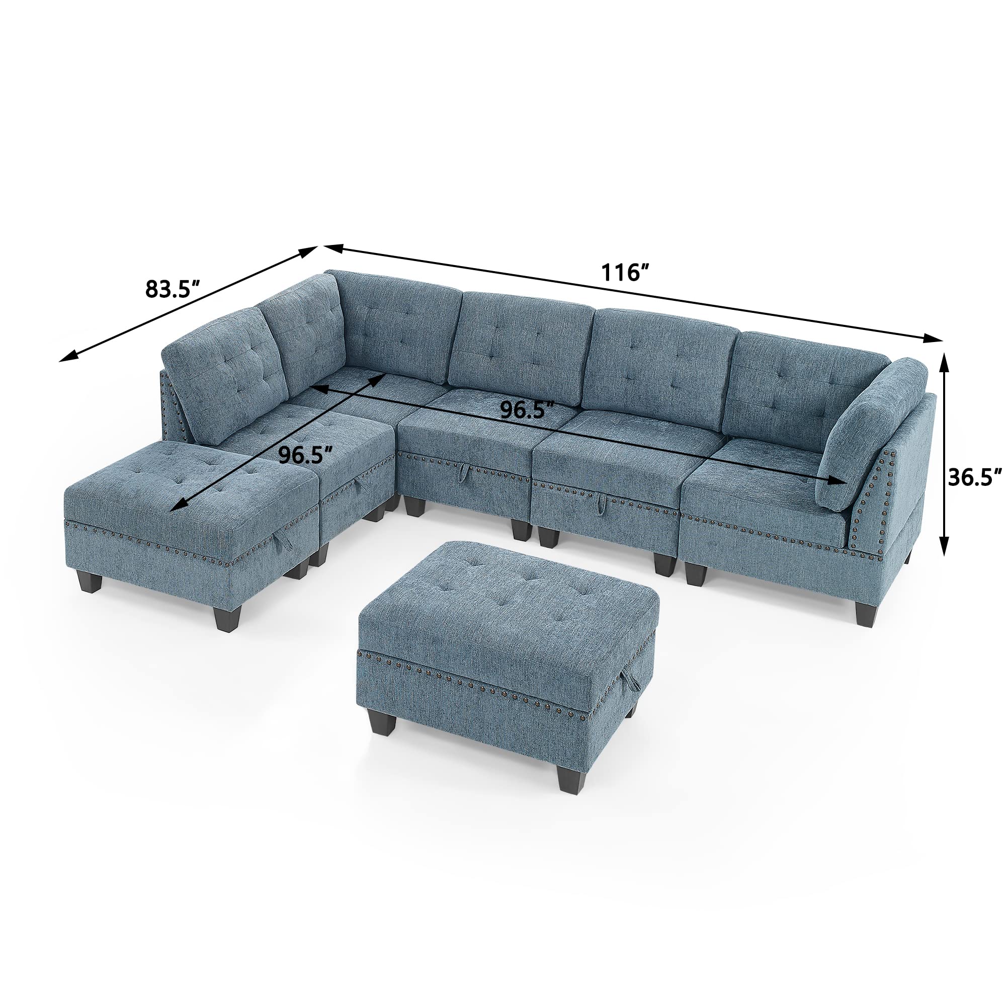 Melpomene 116'' Chenille L Shape Sectional Sofa with Storage Function and DIY Combination, Rivet Living Room Furniture Sets IncludesThree Single Chair Two Corner and Two Ottoman,Blue