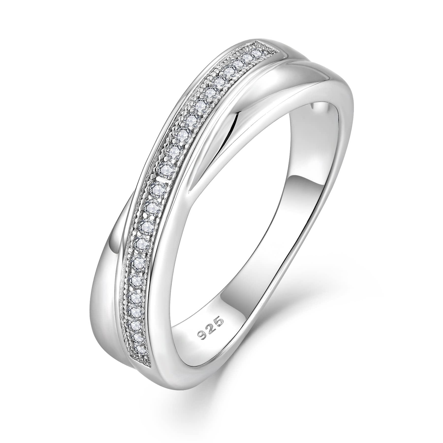 PAZEEN 925 Sterling Silver Criss Cross Ring Cubic Zirconia Bride Wedding Anniversary Statement Ring Eternity Band Promise Ring for Women size7