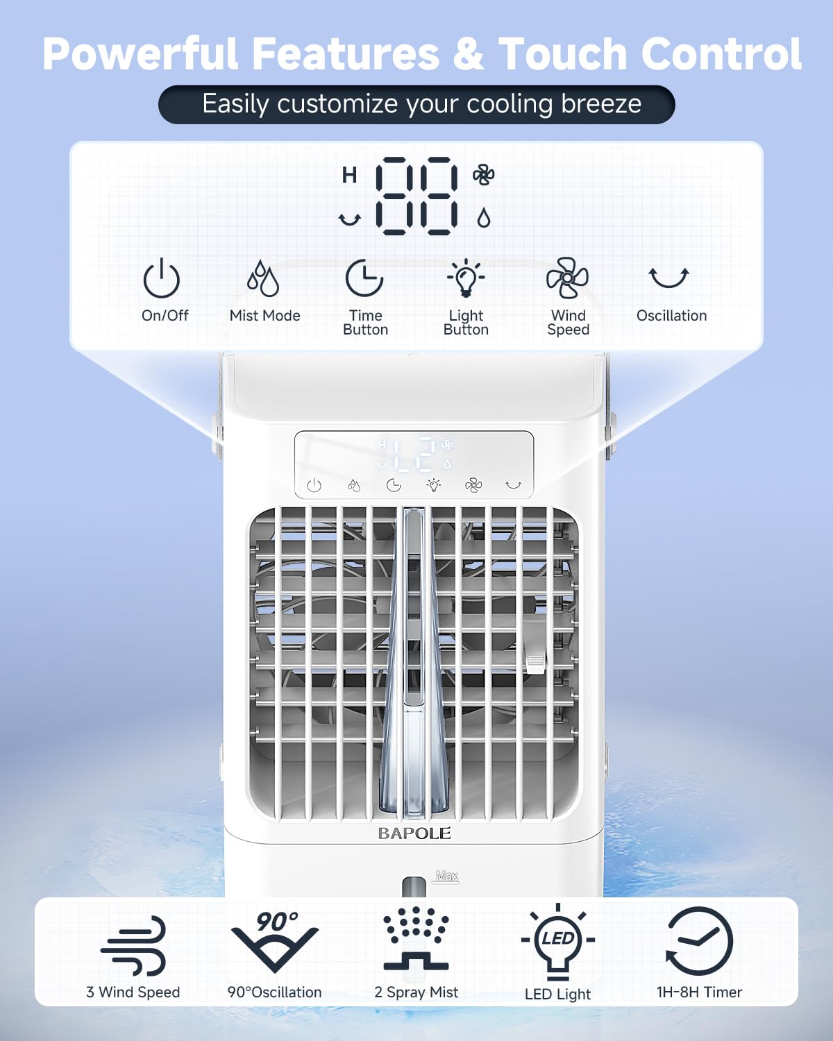 Portable Air Conditioners, BAPOLE 4 IN 1 Air Conditioner Portable AC, 900ML Evaporative Air Cooler with 90°Oscillation, 3 Wind Speed & 2 Cool Mist, LED Light, 0-8H Timer Air Cooling Fan for Bedroom