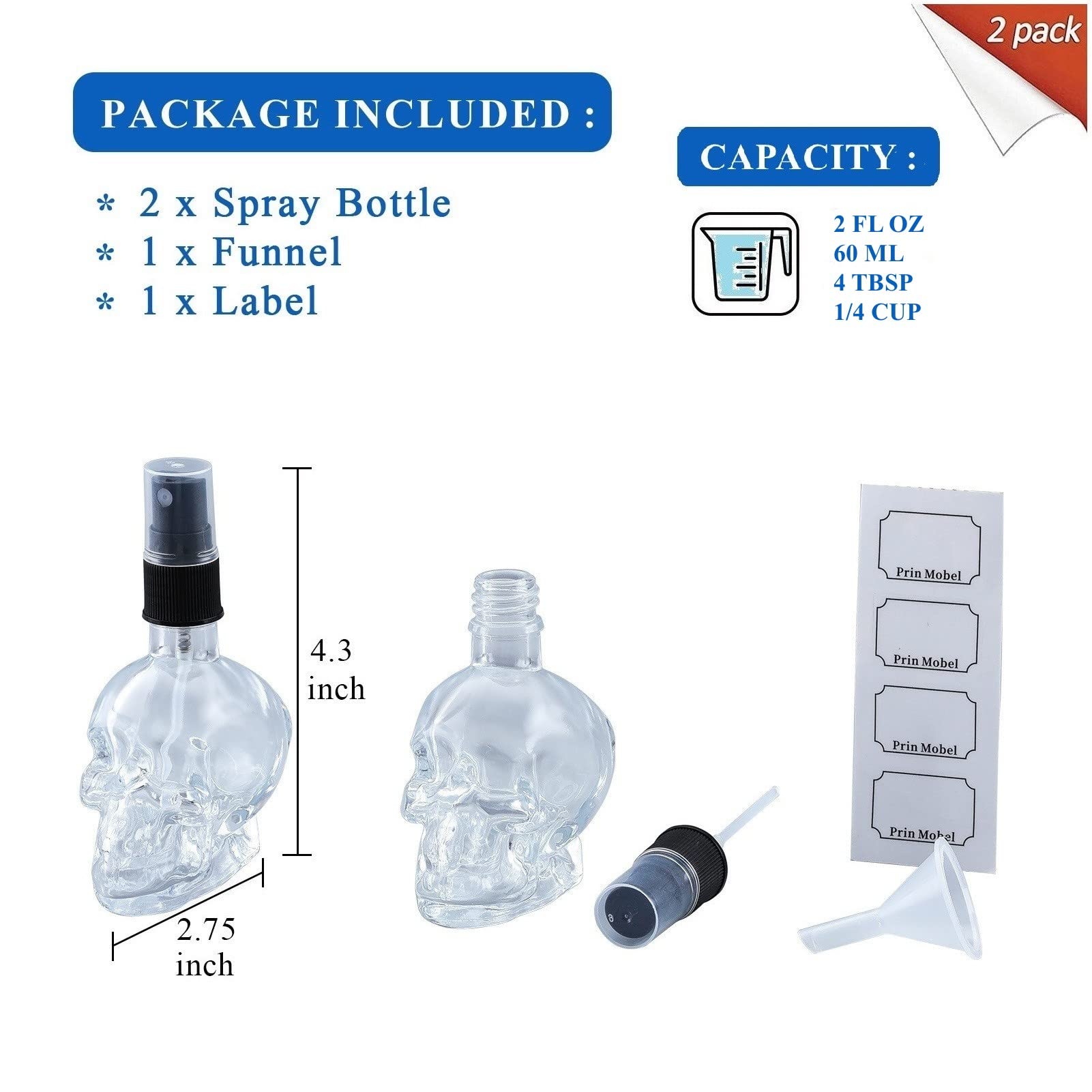 PrinMobel Skull Shaped Spray Bottle - Set of 2-2 oz Small Glass Spray Bottle, Refillable, Fine Mist Atomizer Spray Empty Bottles for Aromatherapy and Personal Care (Halloween)