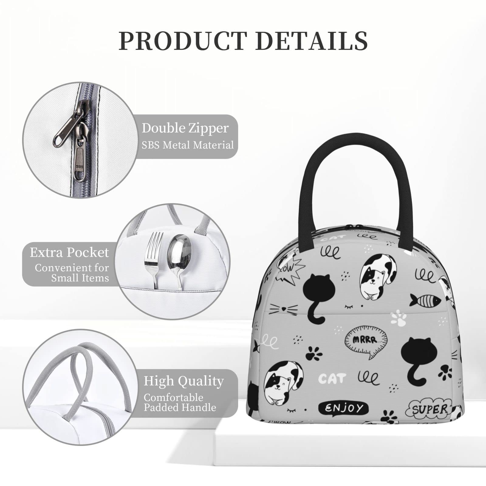 Oplp Cute Cats Fish Cat Paws Lunch Bag Box Meal Prep Insulated Handbag Reusable Lunch Container