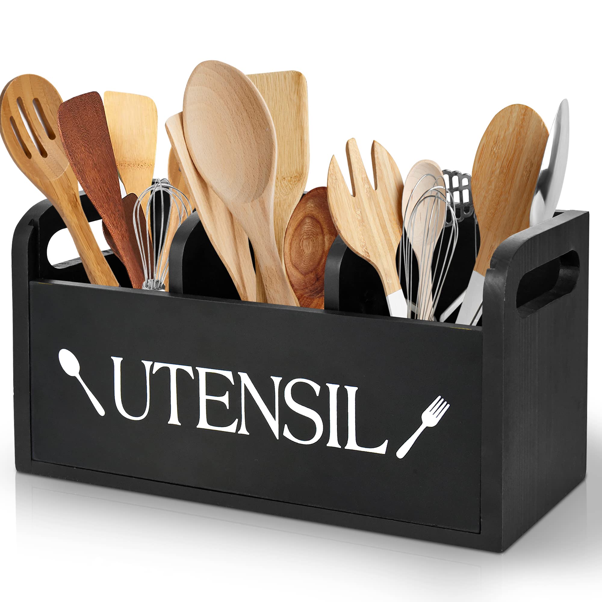 MEMOORIAL Utensil Holder for Kitchen Counter, Rustic Large Kitchen Utensil Organizer with 3 Compartments, Utensil Caddy Farmhouse Kitchen Decor for Flatware, Cooking Tools Storageā¦