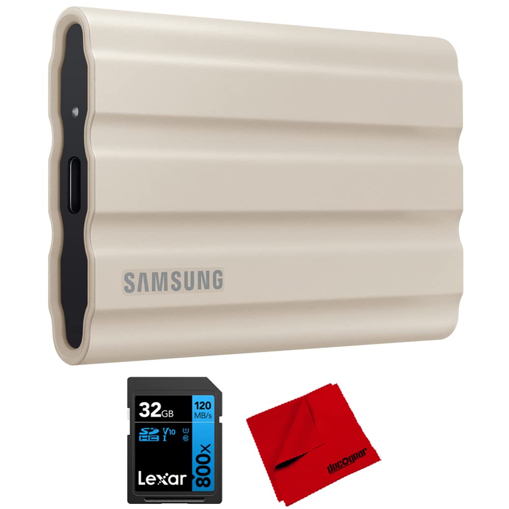 SAMSUNG MU-PE1T0K/AM T7 Shield Portable Solid State Drive 1TB, Beige (2022) Bundle with Lexar 32GB 800x UHS-I SDHC Memory Card and Microfiber Cleaning Cloth