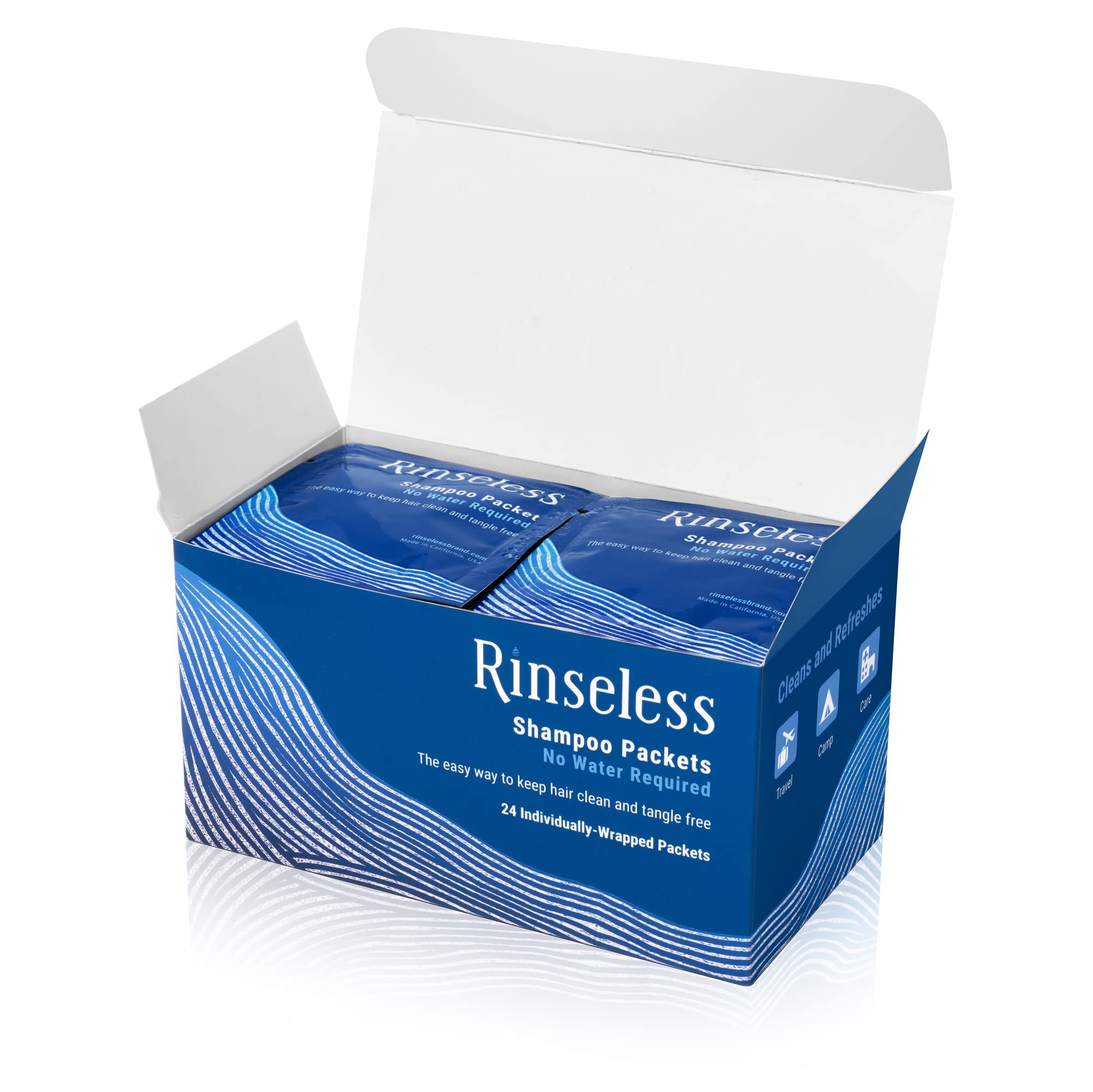 RINSELESS Waterless Shampoo Travel Packets 24 ct, Individually Wrapped | Get Refreshed Clean Smelling Hair, No Water Rinse Needed | For Hospital, Surgery, Elderly, Bedridden Patients & Camping