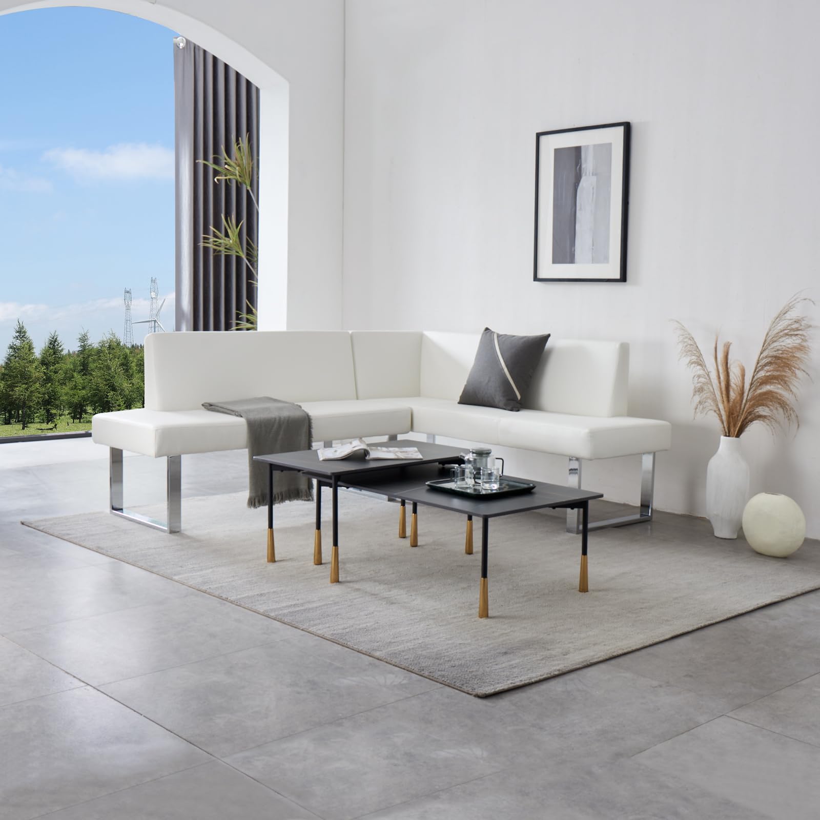 jiexi PU Leather Luxury L Shape Bench, Corner Nook with Metal Leg for Family Kitchen, Sectional Sofa for Living Room, Office, Table is not Included (White)