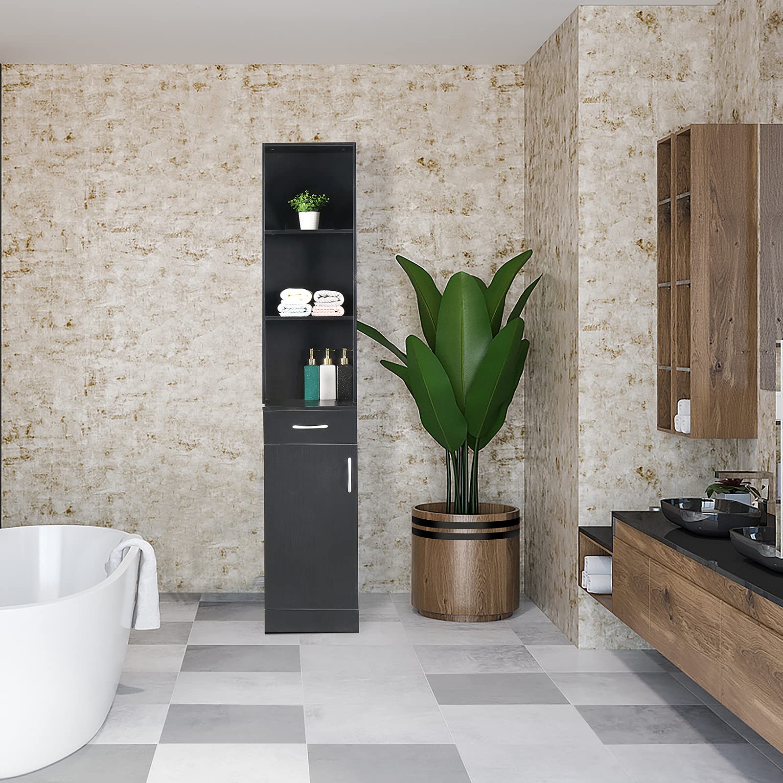 Karl home 70" Tall Bathroom Storage Cabinet Narrow Floor Cabinet Free Standing Tower Cabinet with 3 Open Shelves, 1 Drawer & 1 Compartment, for Bathroom, Living Room, Home, Black