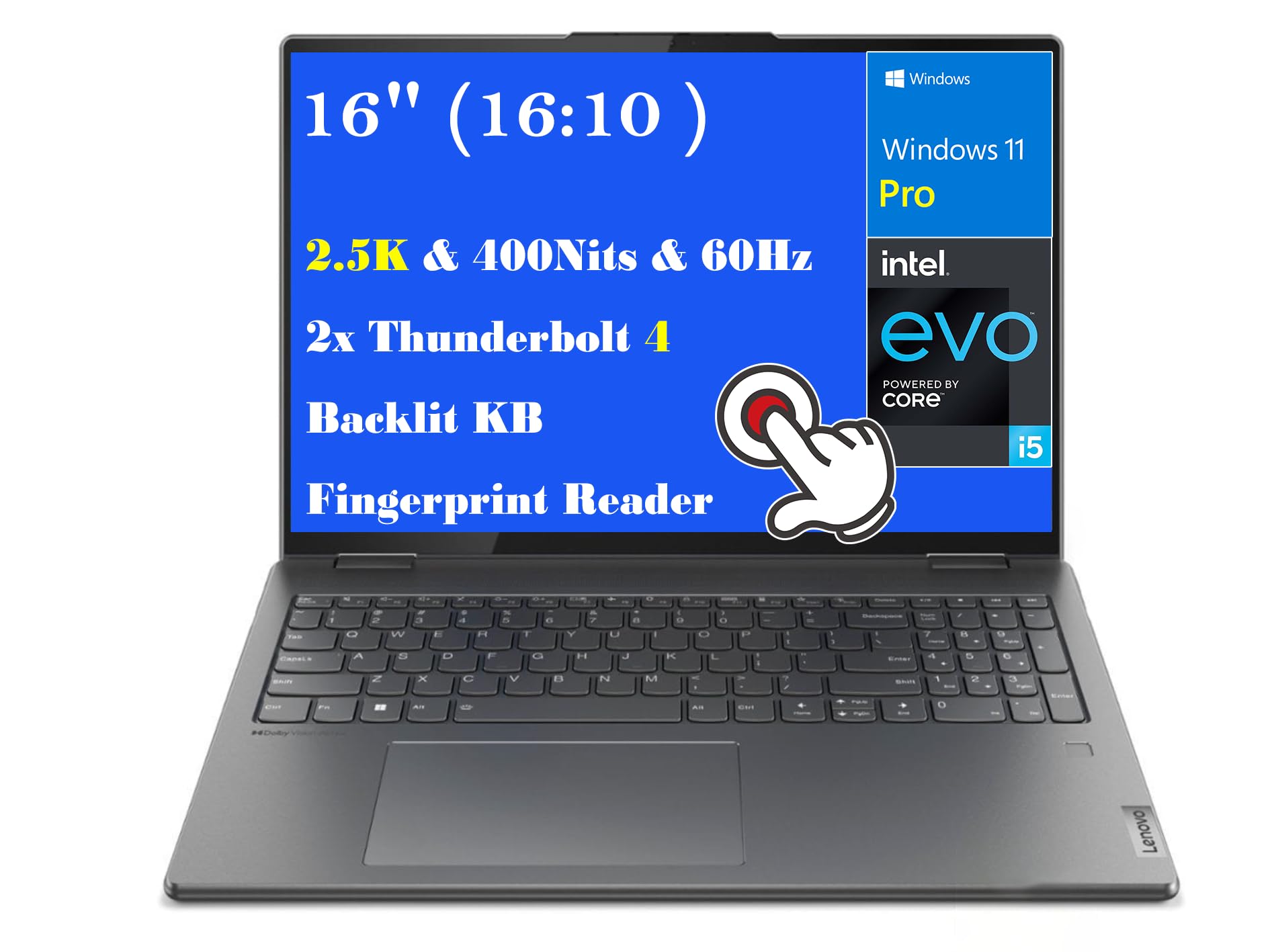 LENOVO Yoga 7I 2-in-1 16" 16:10 2.5K 400Nits Laptop, Touchscreen, Intel 12-Core i5 1240P Evo, 2X Thunderbolt 4, Wi Fi 6, Backlit KB, Fingerprint Reader, Win11 Pro (8GB RAM | 512GB PCIe SSD)