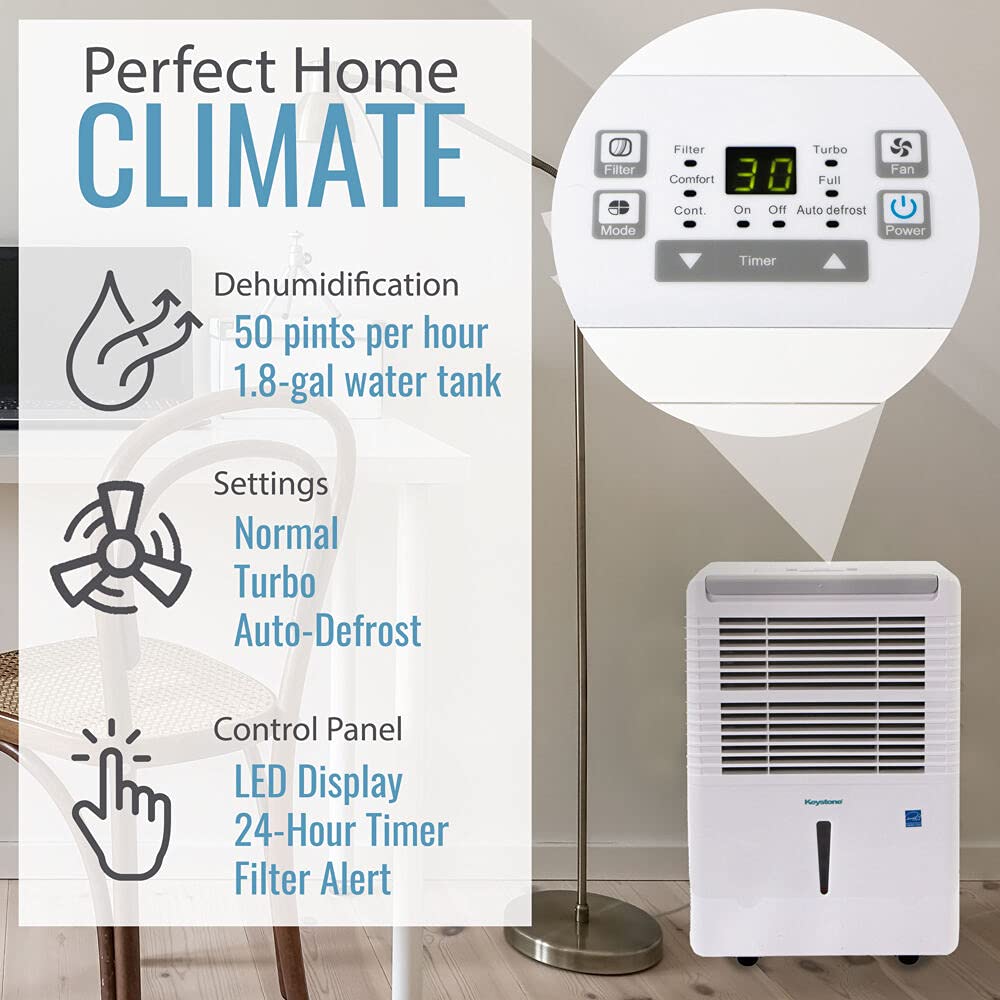 Keystone 50 Pint Dehumidifier with Electronic Controls, KSTAD504D, White