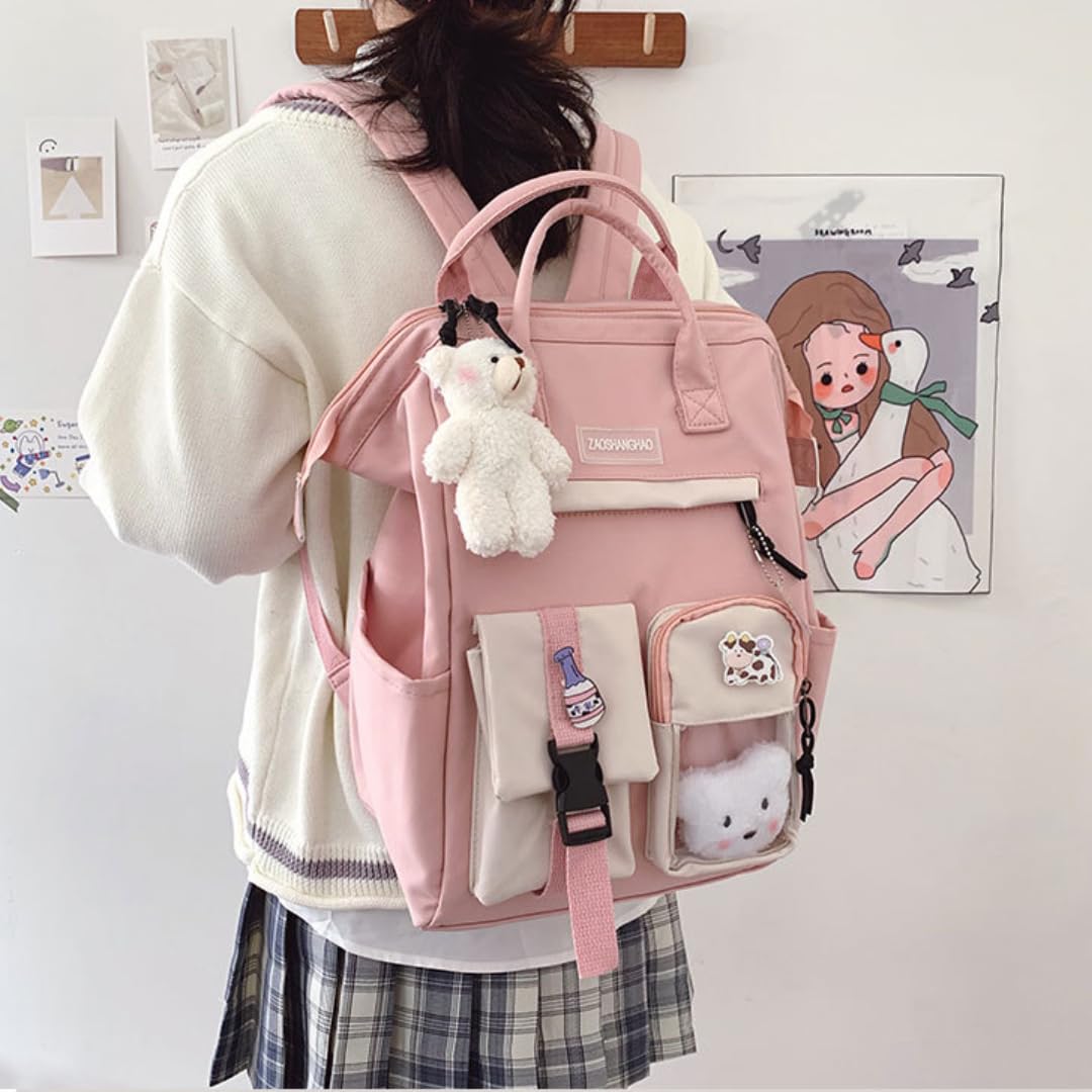 josfey Kawaii Backpack Cute Backpack Aesthetic Backpack Preppy Backpack Kawaii School Supplies with Accessories and 2Pins (Pink)
