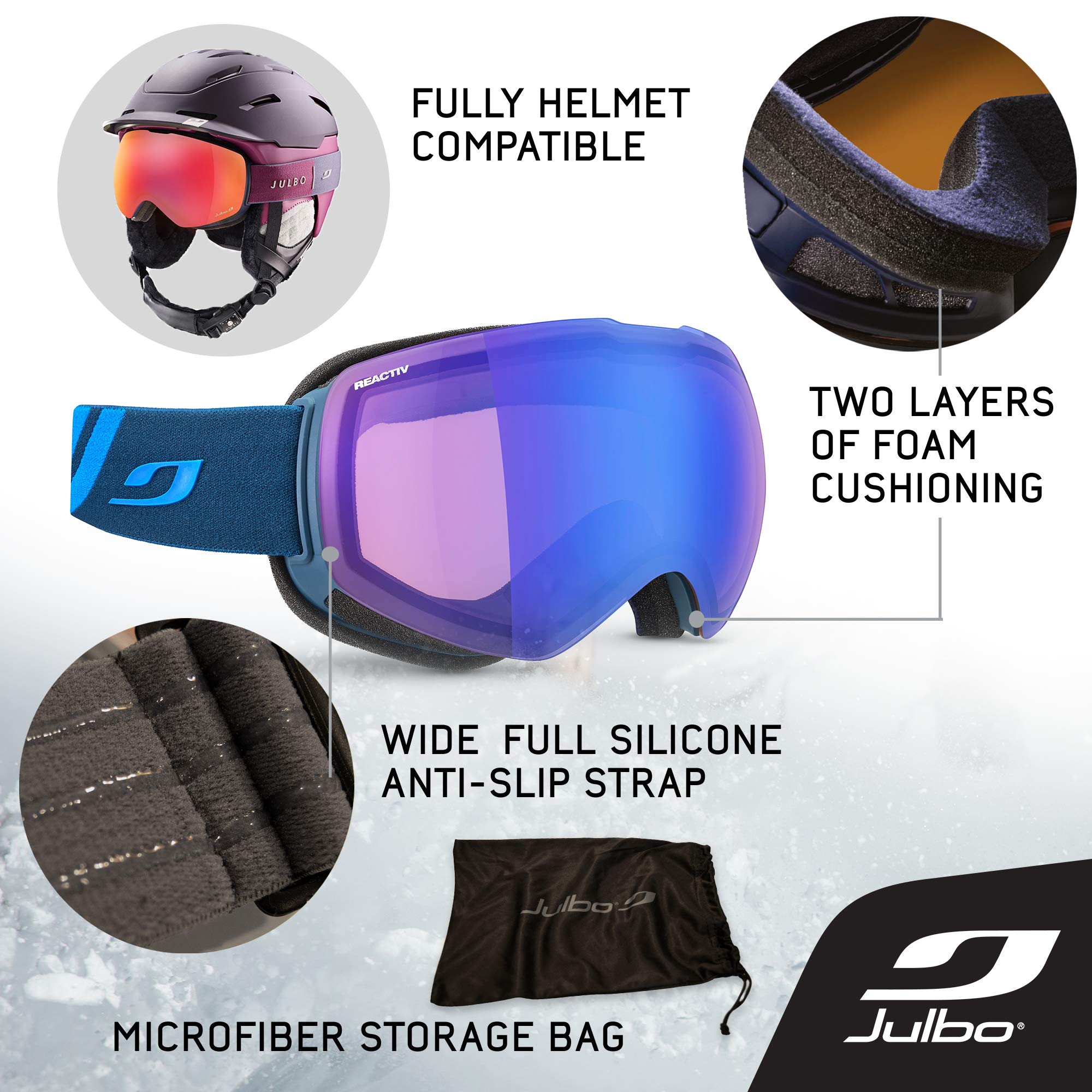 Julbo Shadow Snow Goggles, Black/Army Frame - REACTIV 2-4 Polarized Brown Lens w/Blue Mirror