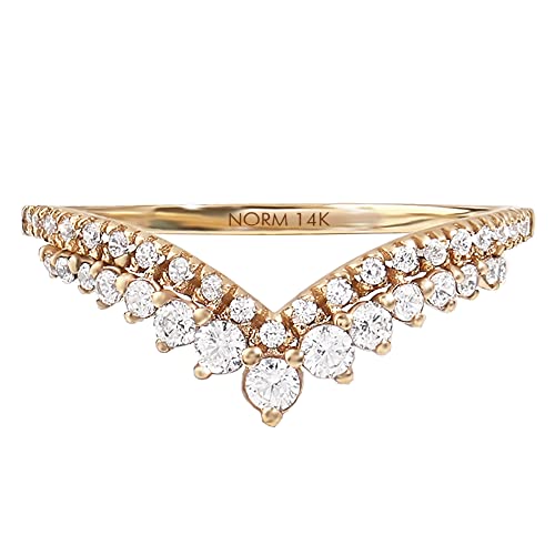 Norm Jewels 14k Solid Gold V Shaped Wedding Band Rings for Women Cubic Zirconia Stacking Rings Dainty Wishbone Ring (Yellow Gold, 5.5)