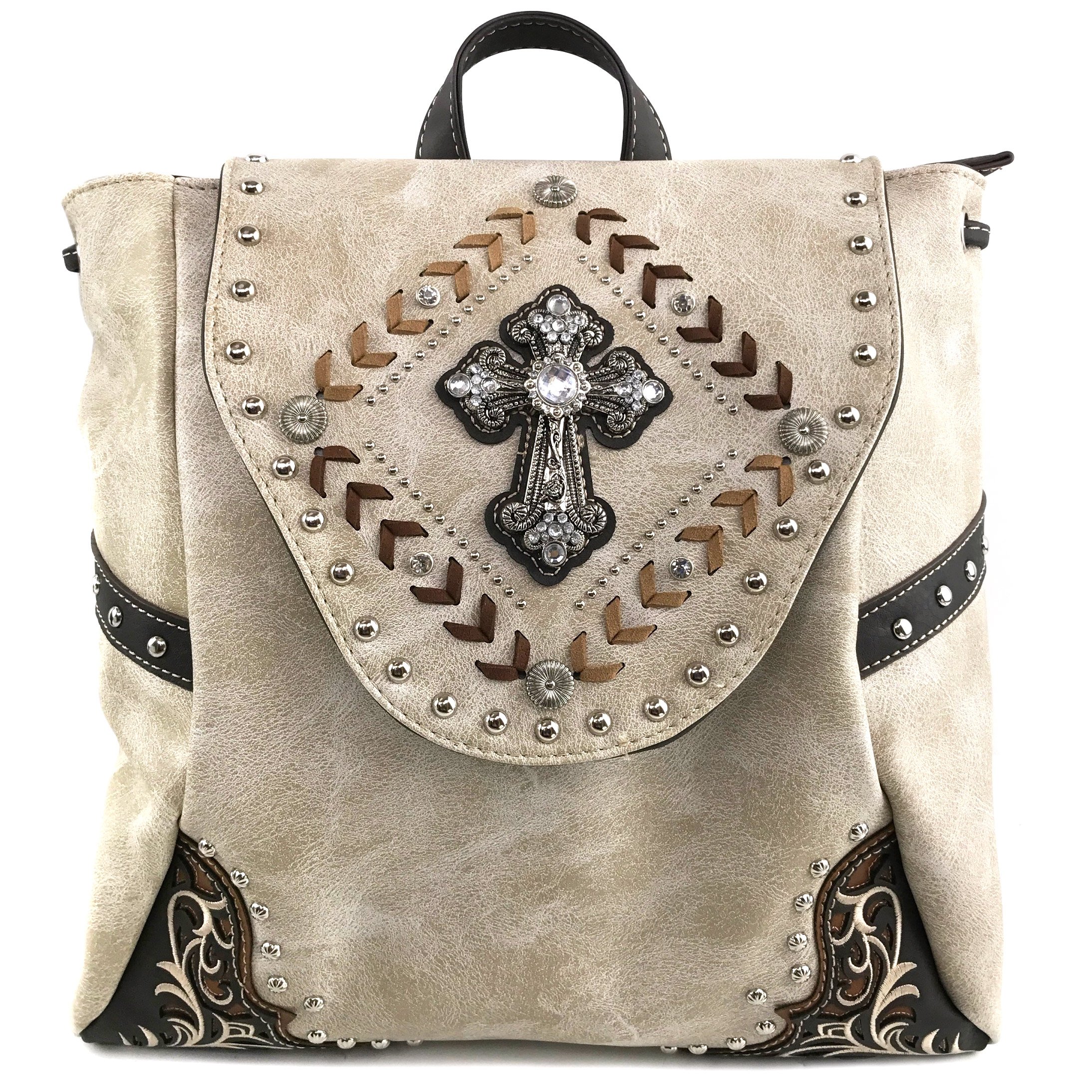 Justin West Trendy Western Cross Rhinestone Leather Conceal Carry Top Handle Square Backpack Purse (Beige Backpack)