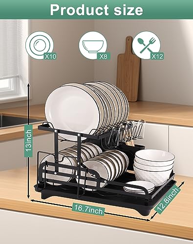 YUSHINDI 2 Tier Collapsible Dish Drying Rack for Kitchen Counter,Stainless Steel Dish Racks ,Space-Saving & Multipurpose,Dish Rack for Kitchen Counter with Utensil Holder,, Large-Capacity, Black