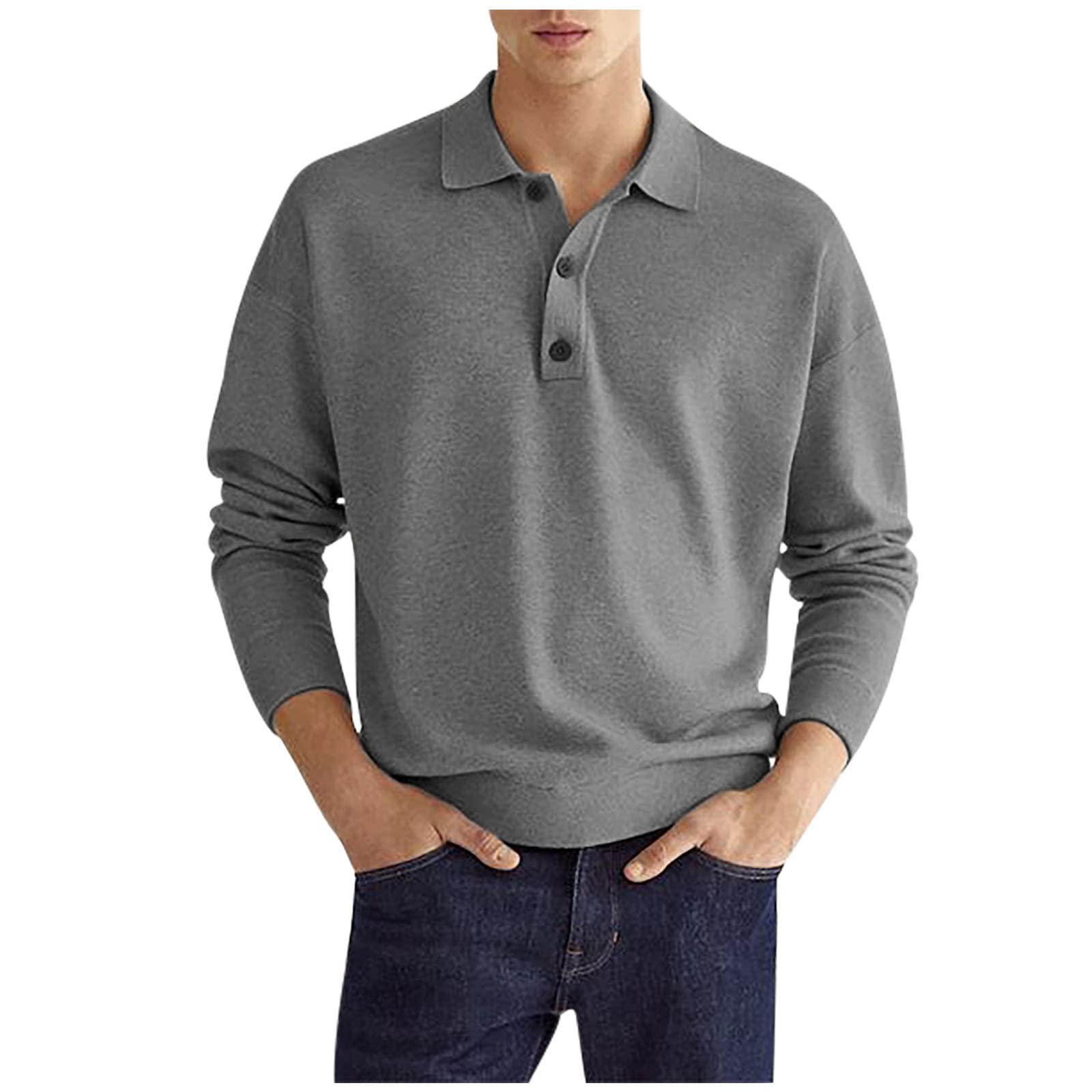 Mens Henry Shirt,Polo Shirts Fashion Lapel Button Long-Sleeve T-Shirt Tops for Men Solid Pullover Business Polo Shirt Gray