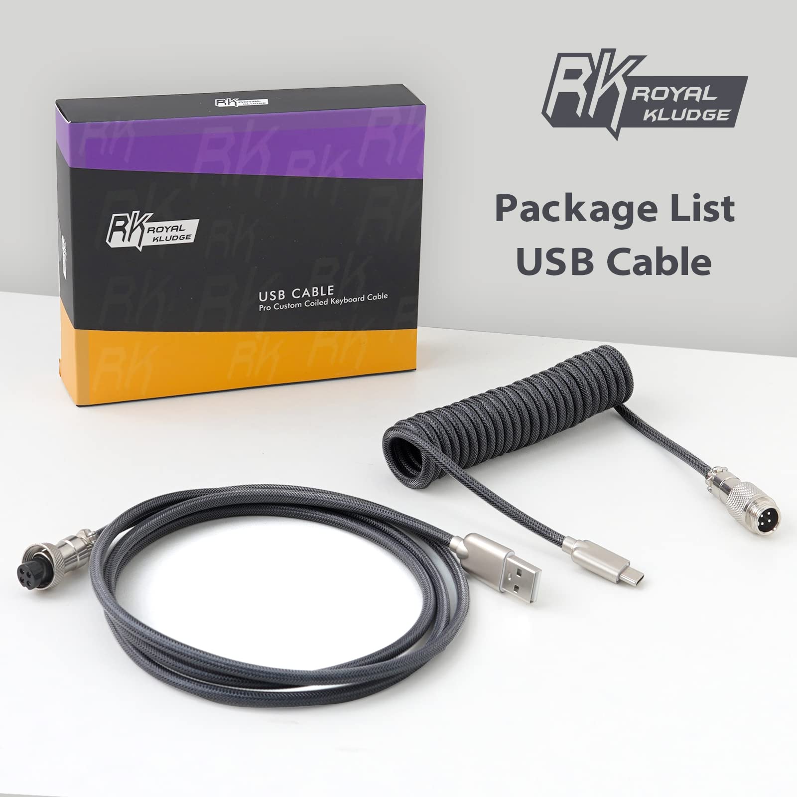 RK ROYAL KLUDGE Coiled Keyboard Cable, USB C Custom Cord for Mechanical Gaming Keyboard, Double-Sleeved Wire with Metal Aviator Connector, 5ft-Black