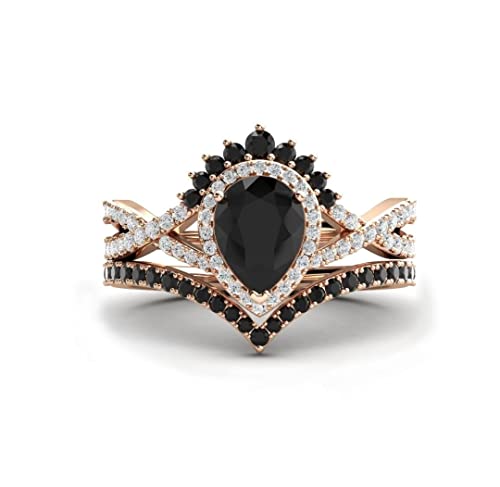 Natural Black Spinel Ring Pear Cut Wedding Engagement Ring Set, Black Spinel Ring, Rose Gold Black Stone vintage Ring, Anniversary Ring (White Gold, 9)