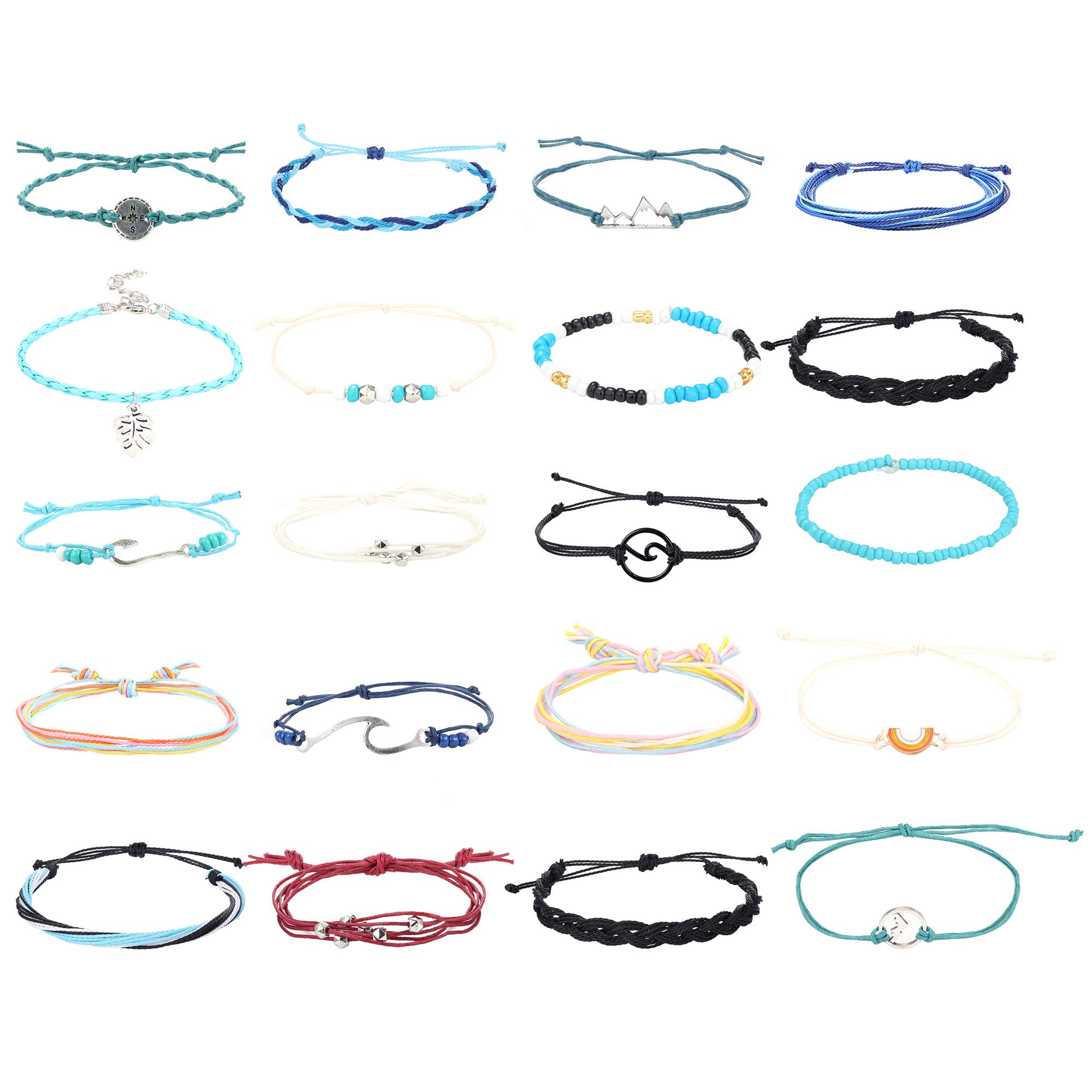 LOYALLOOK 20PCS Beach Wrap Vsco Bracelets Ocean Wave Strand Bracelets Waterproof Handmade Friendship Bracelets Braided Rope Bohemian Anklet Bracelet Adjustable