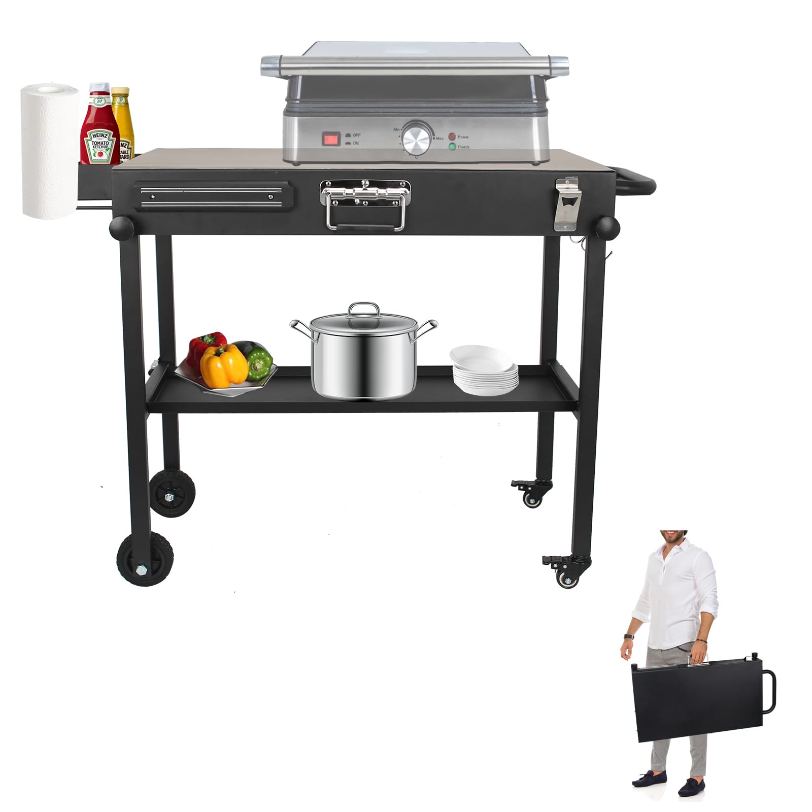 Karpevta Portable Grill Table for Blackstone Griddle,Foldable Outdoor Grill Cart with 4 Wheels for Blackstone 17" or 22", Grill Table Stand, Double-Shelf with Spice Tray for Patio, Backyard