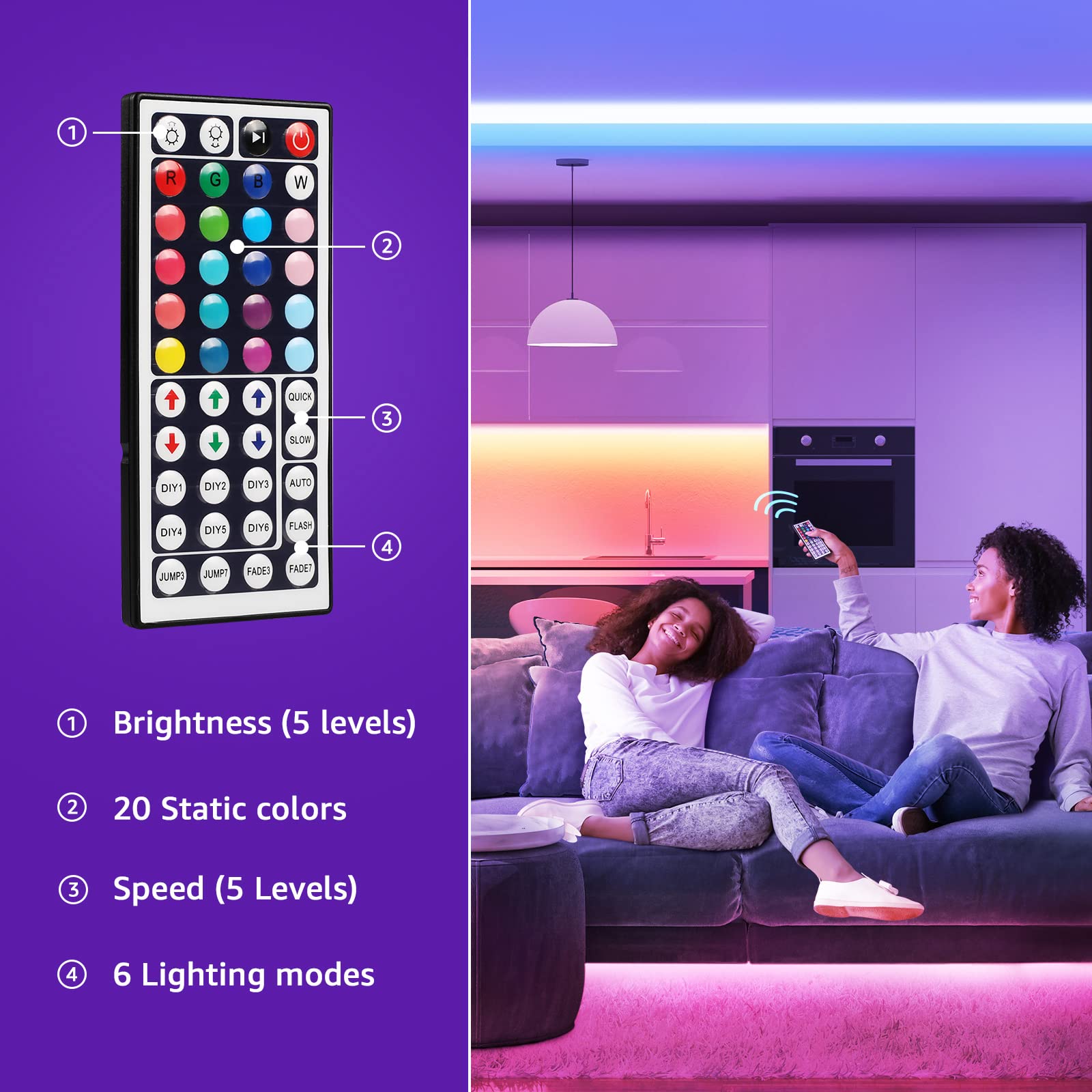 Lepro 16.4ft πππ πππ«π’π© ππ’π π‘ππ¬, RGB 5050 LED Strips with Remote Controller and Fixing Clips, Color Changing Tape Light with 12V ETL Listed Adapter for Bedroom, Room, Kitchen, Bar