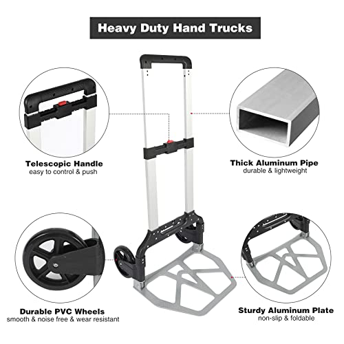 RedSwing Folding Hand Truck 330lbs, Aluminium Portable Hand Cart with Telescoping Handle, Heavy Duty Dolly with 2 Rubber Wheels, Silver