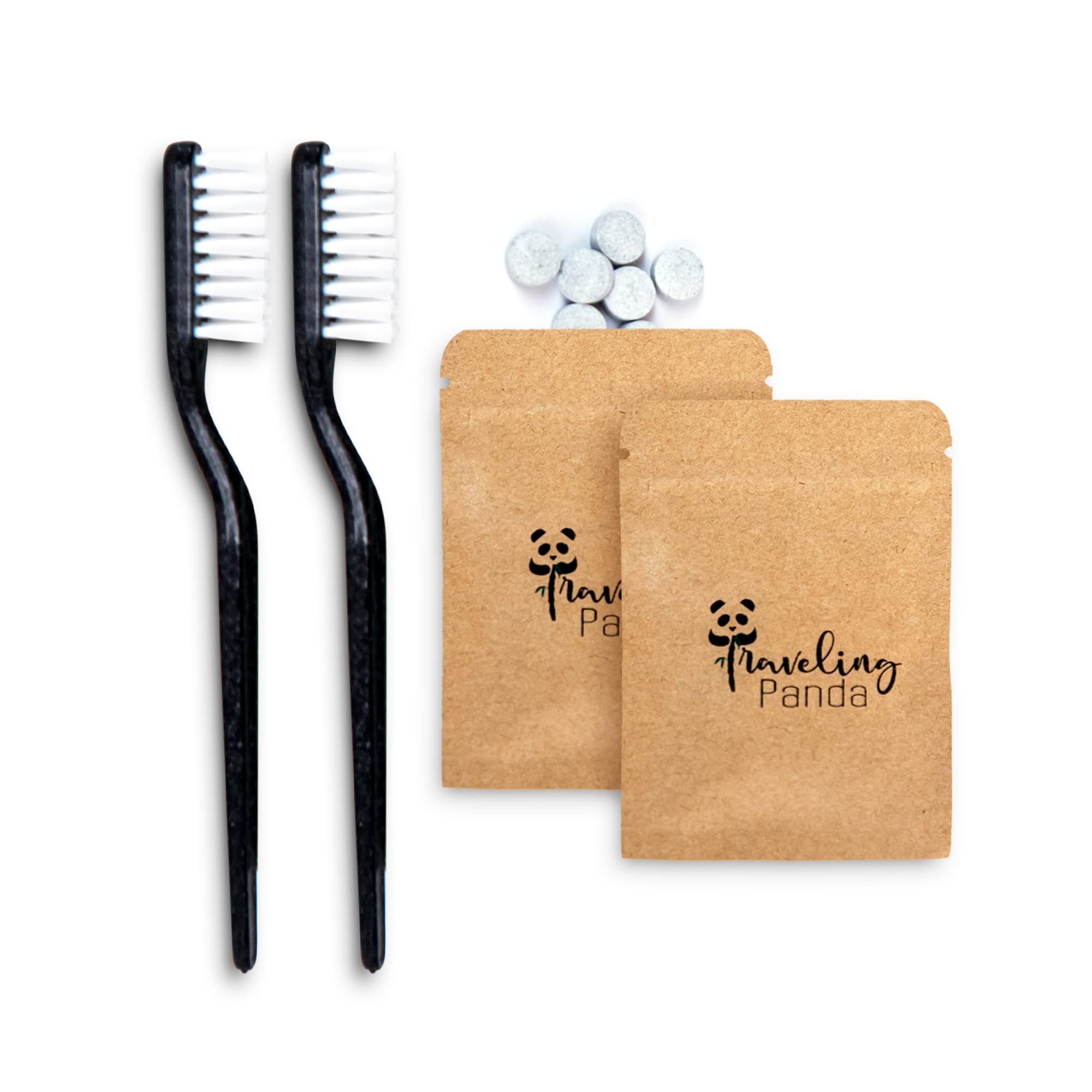 Traveling Panda Wheat Straw Toothbrushes, Soft Bristles Toothbrush with Toothpaste Built in, Travel Toothbrush Kit, Includes Brushes and Mint Toothpaste Tablets, 2 Mini Brushes, 20 Tabs
