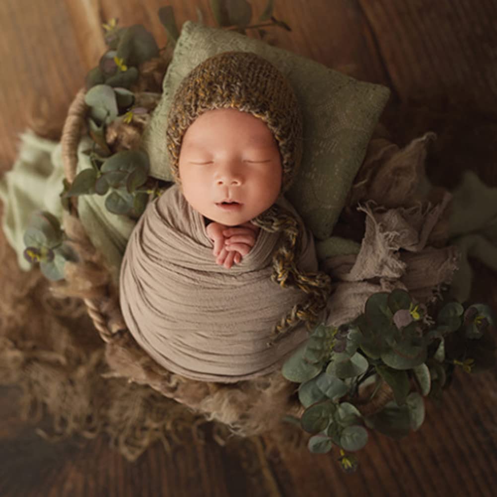 Surakey Newborn Baby Blanket Knitted Wraps Mat Blanket Braided Rope Basket Filler Crochet Hat Backdrop Cushion for Boy Girl Brown