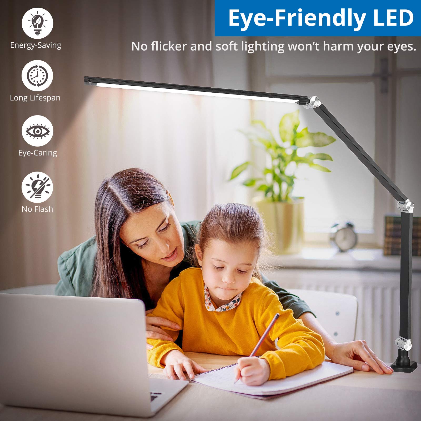 LED Desk Lamp with Clamp, Metal Swing Arm Lamp with Remote, 5 Color Modes & Stepless Dimming Architect Lamp, 10W Eye-Care Task Lamp Timer for Office, Work, Home, Reading, Dorm (Black)