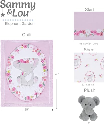 Sammy & Lou Elephant Garden 4-Piece Baby Nursery Crib Bedding Set for Girls, Includes Quilt, Fitted Crib Sheet, Crib Skirt, and Plush Toy