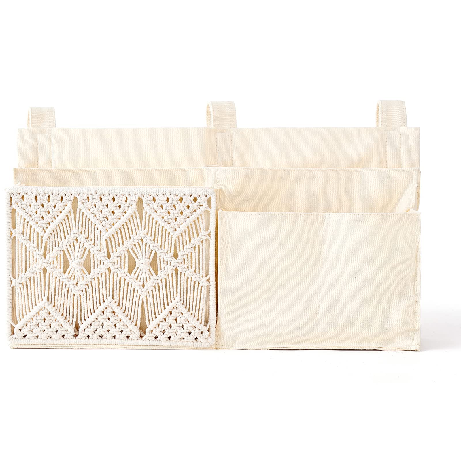 Mkono Bedside Caddy Hanging Organizer, Bunk Woven 7 Pockets Bed Storage Bag Boho Remote Magazine Books Holder with Macrame for Loft Bed College Dorm Bedroom Baby Bed Rails, Ivory
