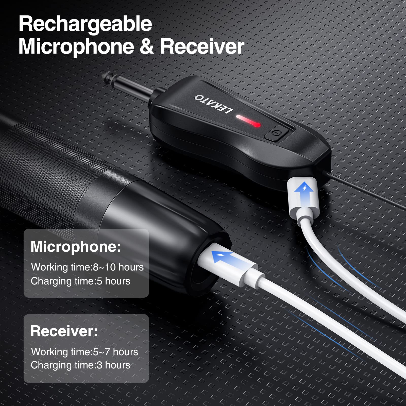LEKATO Wireless Microphone, UHF Professional Microphones Rechargeable Metal Dual Wireless Microphone Dynamic Microphone System Set with Rechargeable Receiver for Karaoke Singing, Speech, Wedding