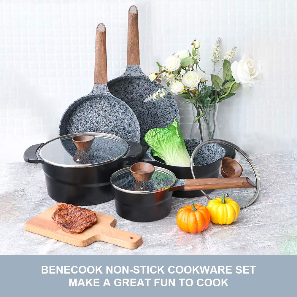 Kitchen Academy Induction Cookware Set - 12 Piece Cast Aluminum Pots and Pans Set, Granite Nonstick Cooking Pans Set