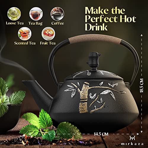Tea Kettle, Cast Iron Tea Pot with Stainless Steel Infuser, Japanese Tea Pots for Stove Top, Unique Hand Painted Bamboo Pattern, Teapots with Enameled Interior, Tetsubin Tea Kettle, 800ML