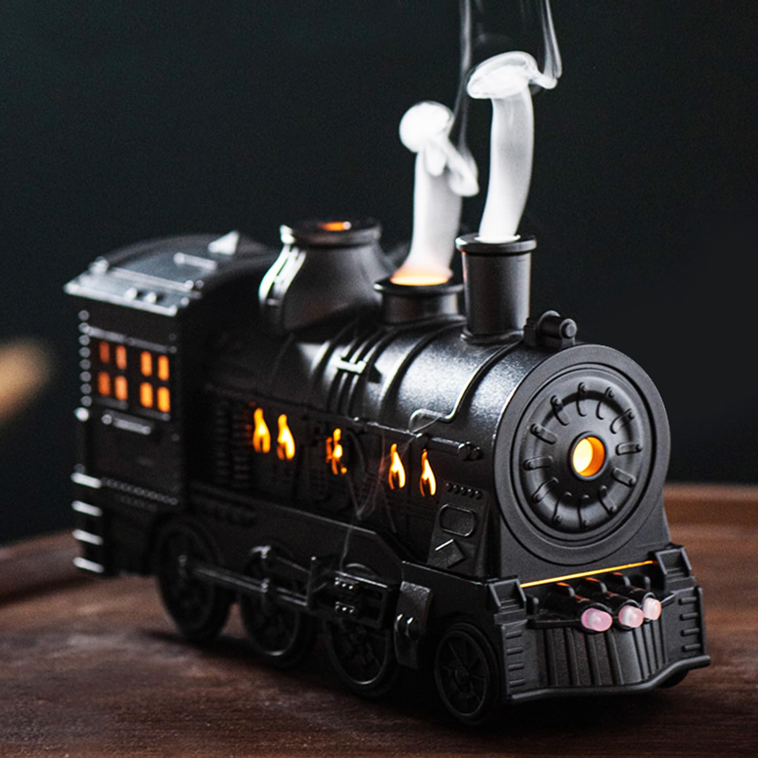 Portable Mini Humidifier, 300ml Retro Train Humidifier for Bedroom, Living Room, Office Magic Train Humidifier, 2 Spray/Night Light Modes, Long-lasting Moisturization(Black)