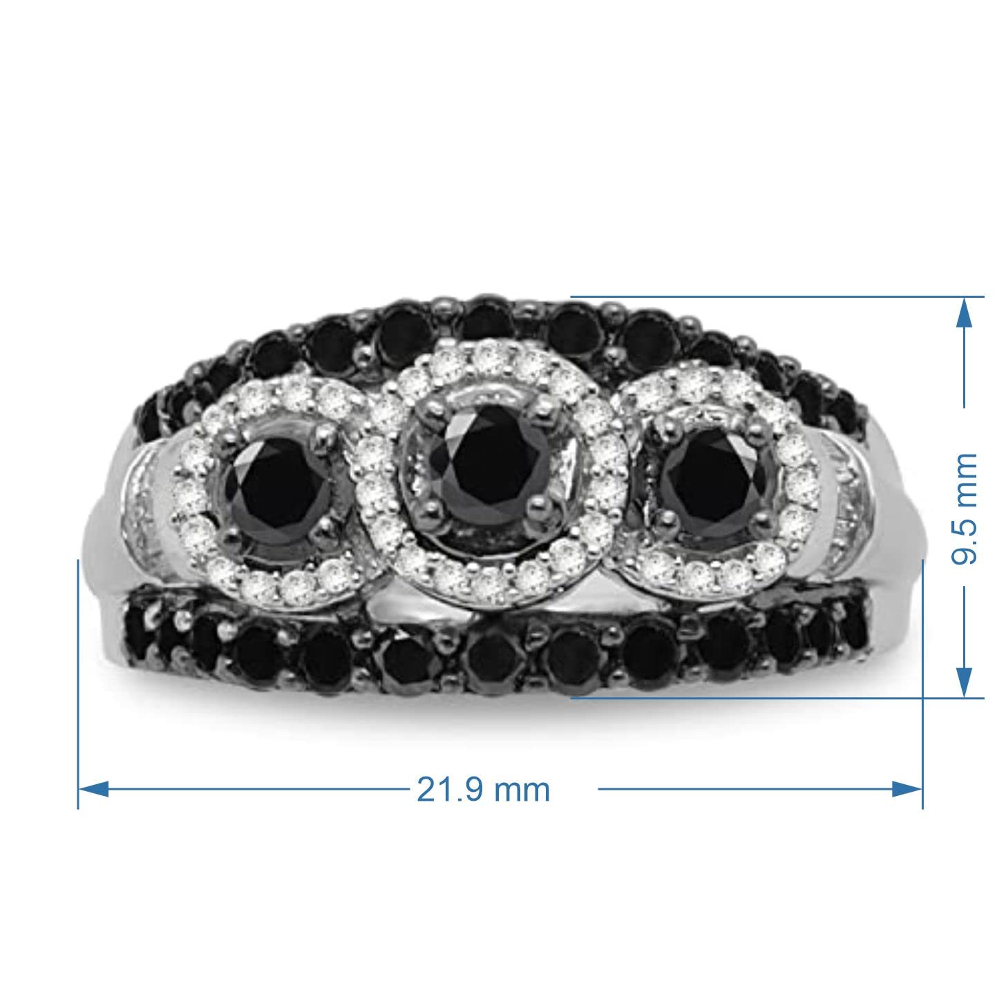 Jewelili 10K White Gold 1.0 Cttw Treated Black Round and Natural White Round and Baguette Diamonds Three-Stone Ring, Size 7