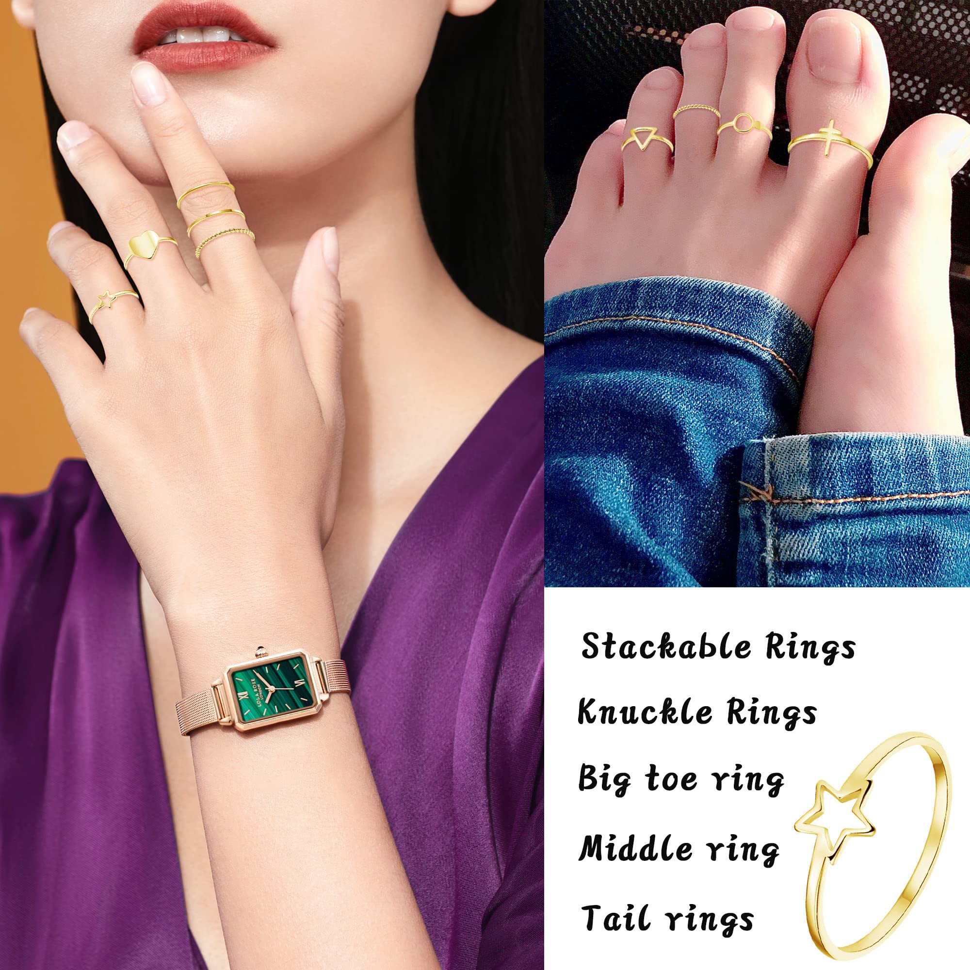 MJust 10PCS 14K Gold/Silver Plated Stacking Ring Set for Women Dainty Thumb Stackable Rings Gold Heart Statement Rings Plain Band Size 5-9 (Gold Tone, 8)