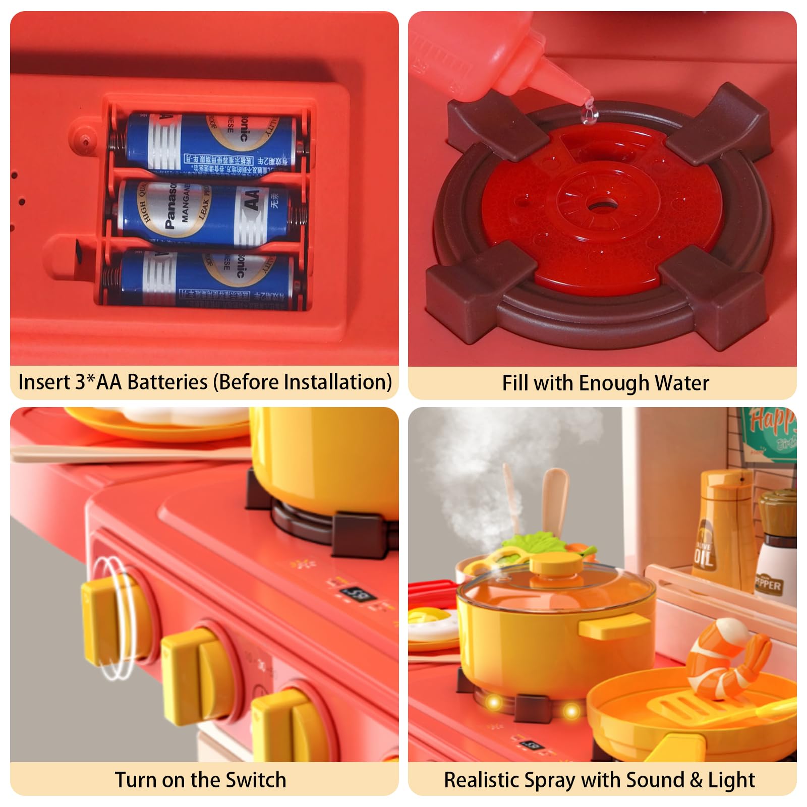 Kids Kitchen Play Set, 50Pcs Pretend Play Kitchen Toy with Spray, Sound & Light, Interactive Toddler Kitchen Toy for Boys Girls 3 4 5 6 7 8 Years Old