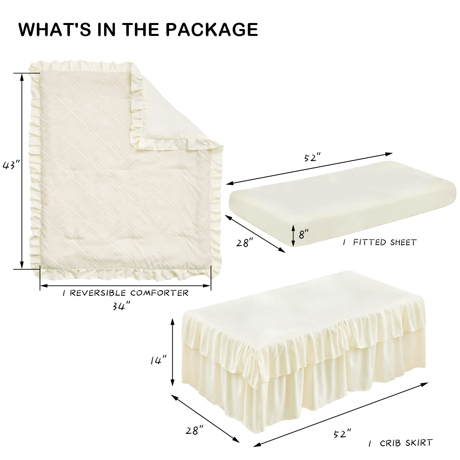 Tufted Ruffle Crib Bedding Set 3 Pieces Baby Boho Quilted Comforter with Fitted Sheet and Bed Skirt - Cute Ruffled Shabby Chic Baby Bedding Soft Blanket Design Cream White with Yellow
