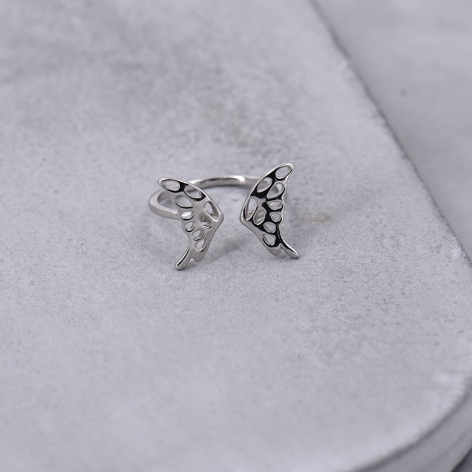 LEMON GRASS Open Butterfly Band Ring in Sterling Silver | Women's Adjustable Cutout Butterfly Ring | Gold Statement Stackable Minimalist Ring for Sister Gift